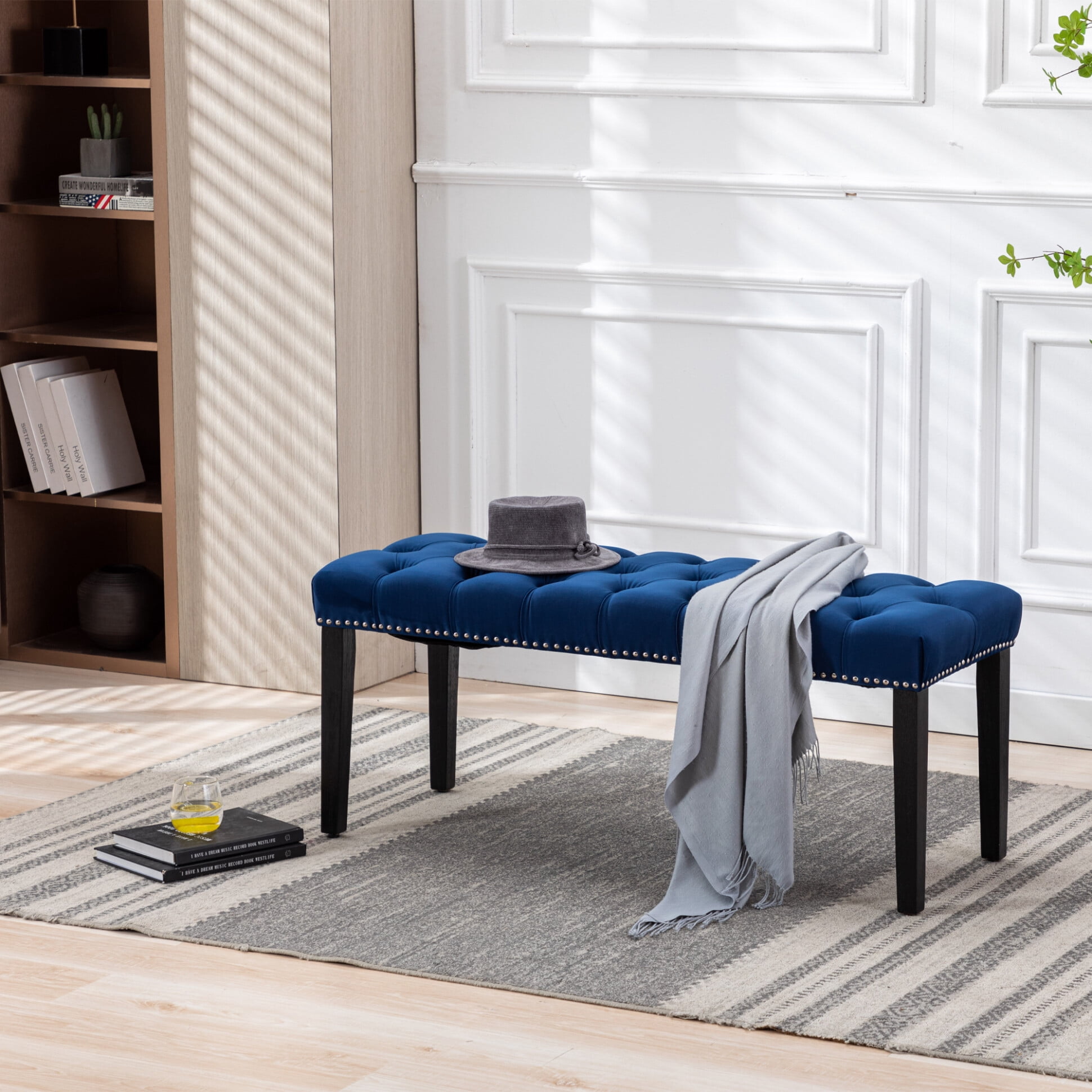46.5 Inch Upholstered Ottoman Bench, Mid-century Velvet Tufted Dining ...