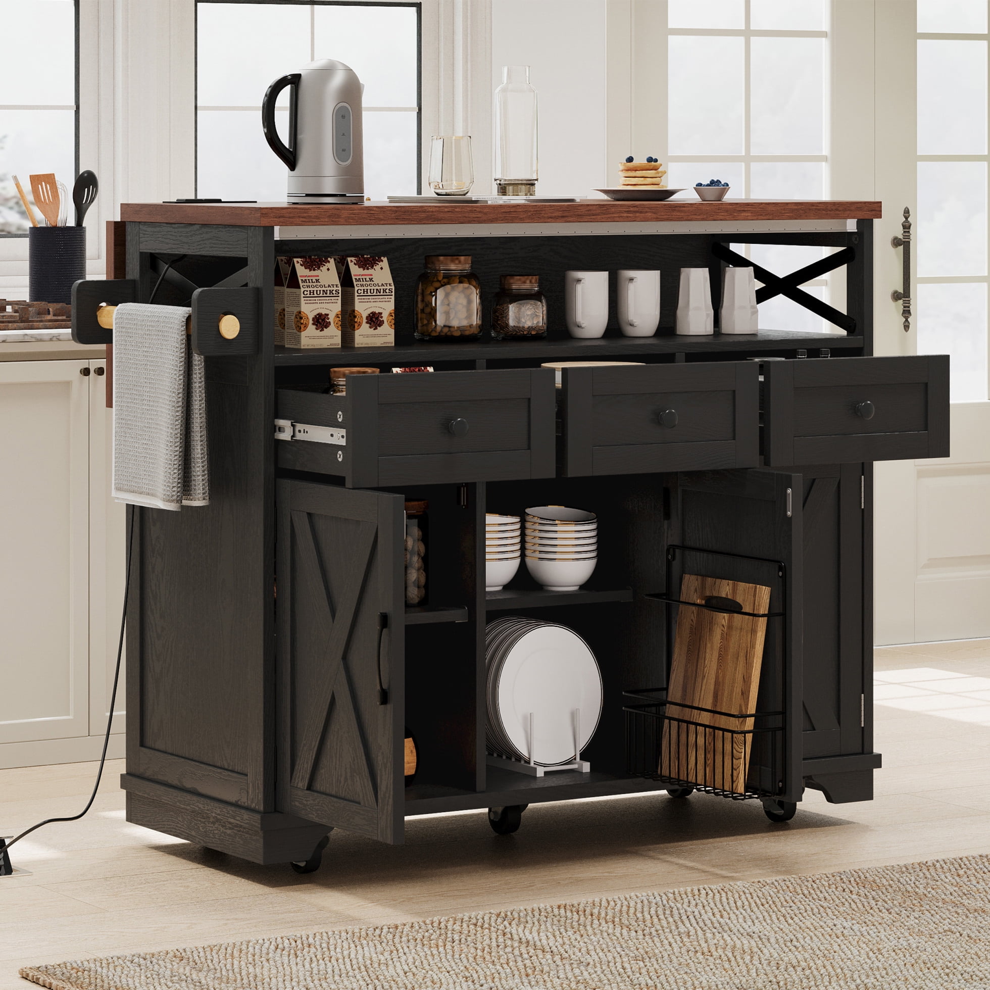 46.5" Kitchen Island with Power Outlet and Drop Leaf, Rolling Kitchen Island Cart with 3 Drawers ...