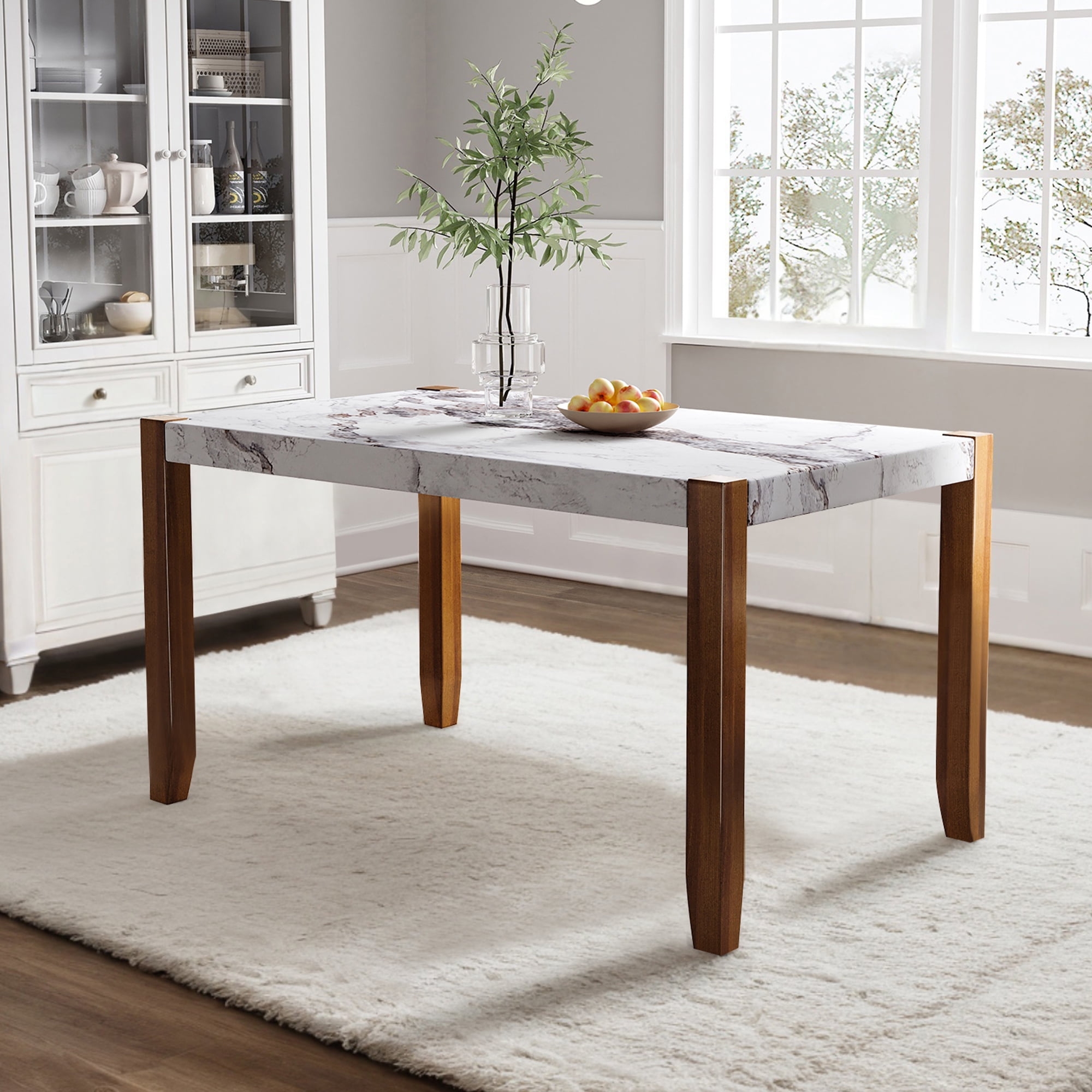 46.5" Modern Dining Table, Rectangular Faux Marble Style Table with Sturdy Wood Legs, Easy to ...
