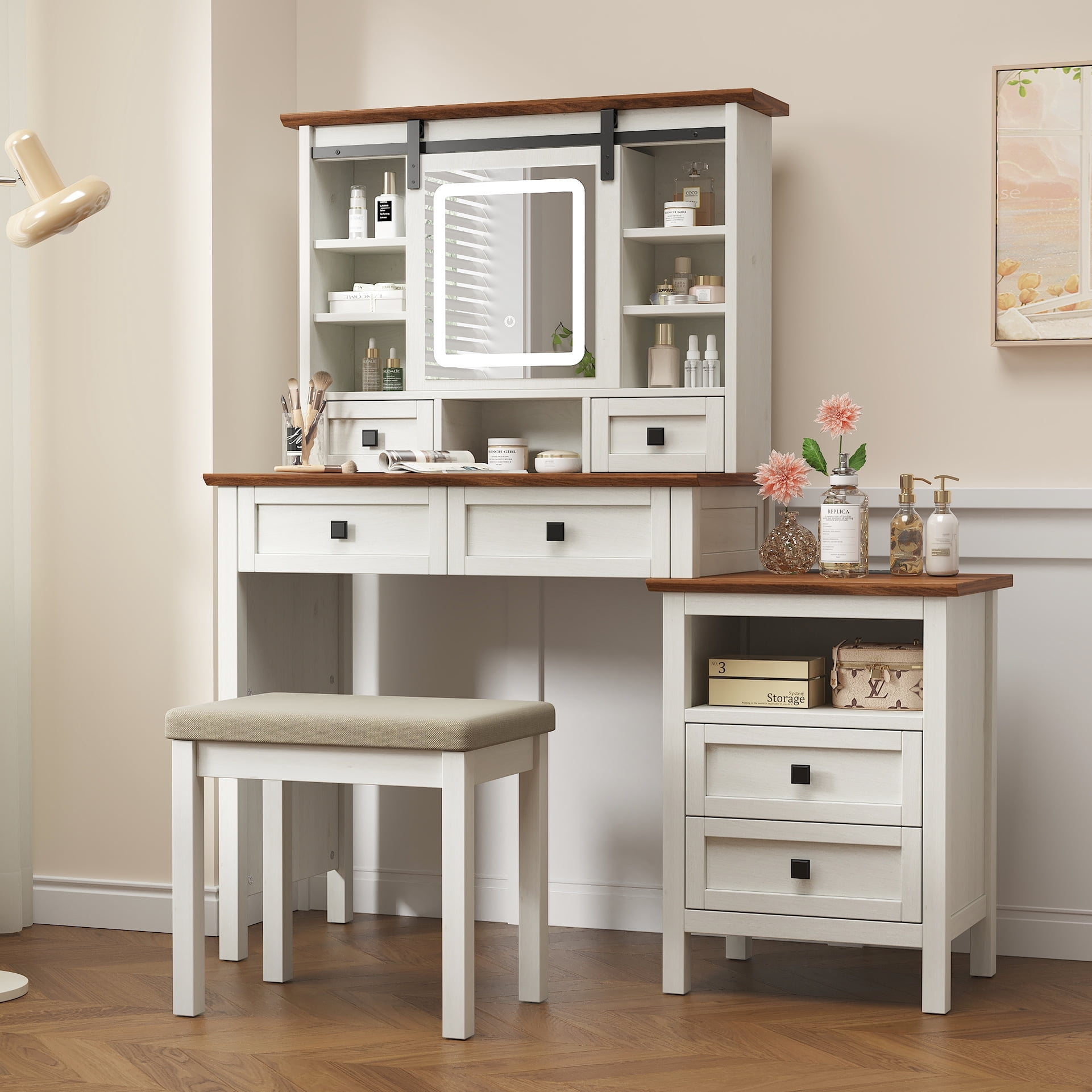 46.5-inch Bedroom Rustic Vanity Desk With Led Mirror, Charging Station, Drawers, And Cushioned ...