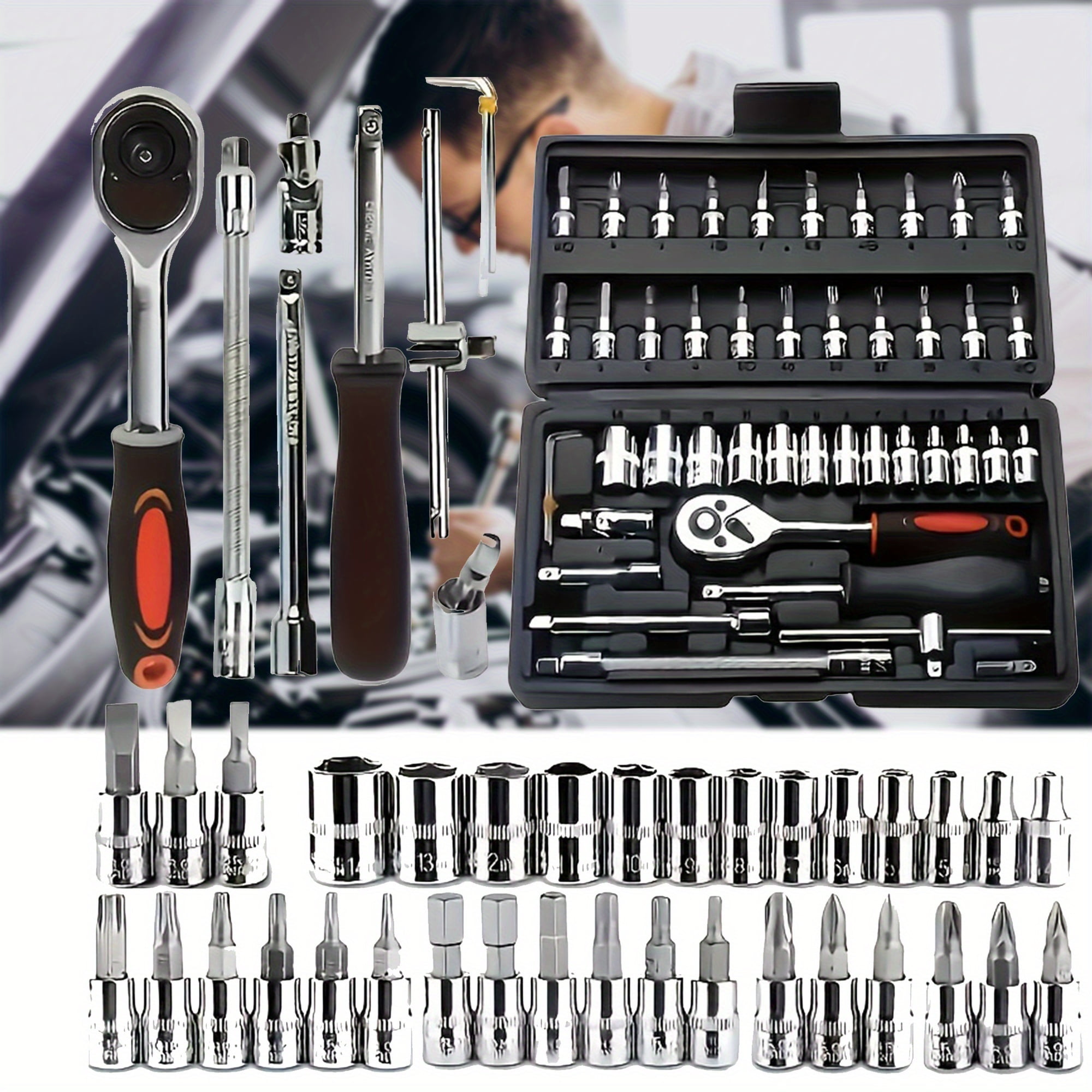 46/53pcs Ultimate Auto Mechanic Tool Kit - Premium Ratchet Torque ...