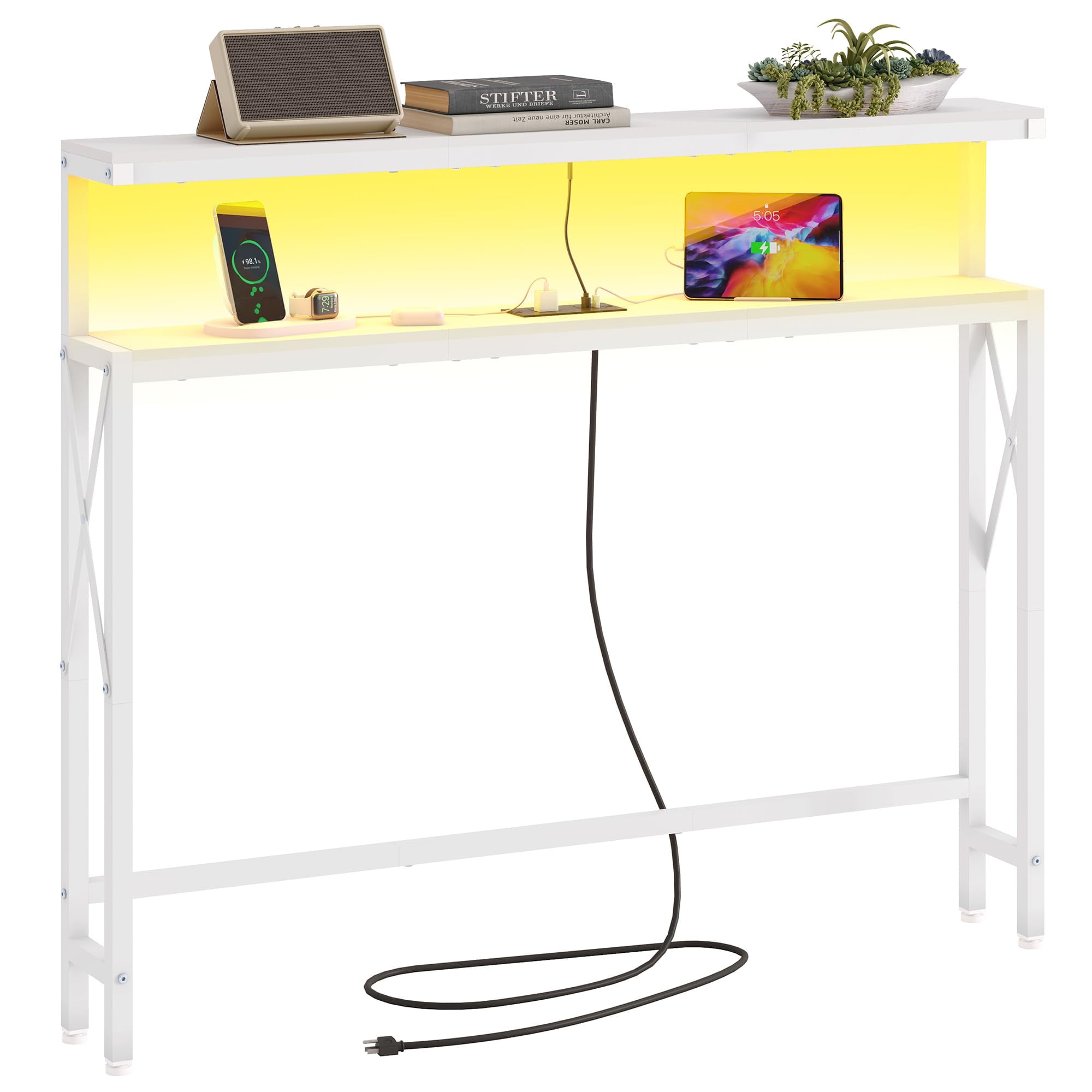 46.8" Skinny Console Table with Charging Station and LED Light,5.9 ...