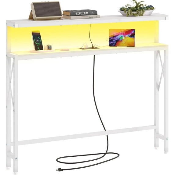 46.8" Skinny Console Table with Charging Station and LED Light,5.9 ...