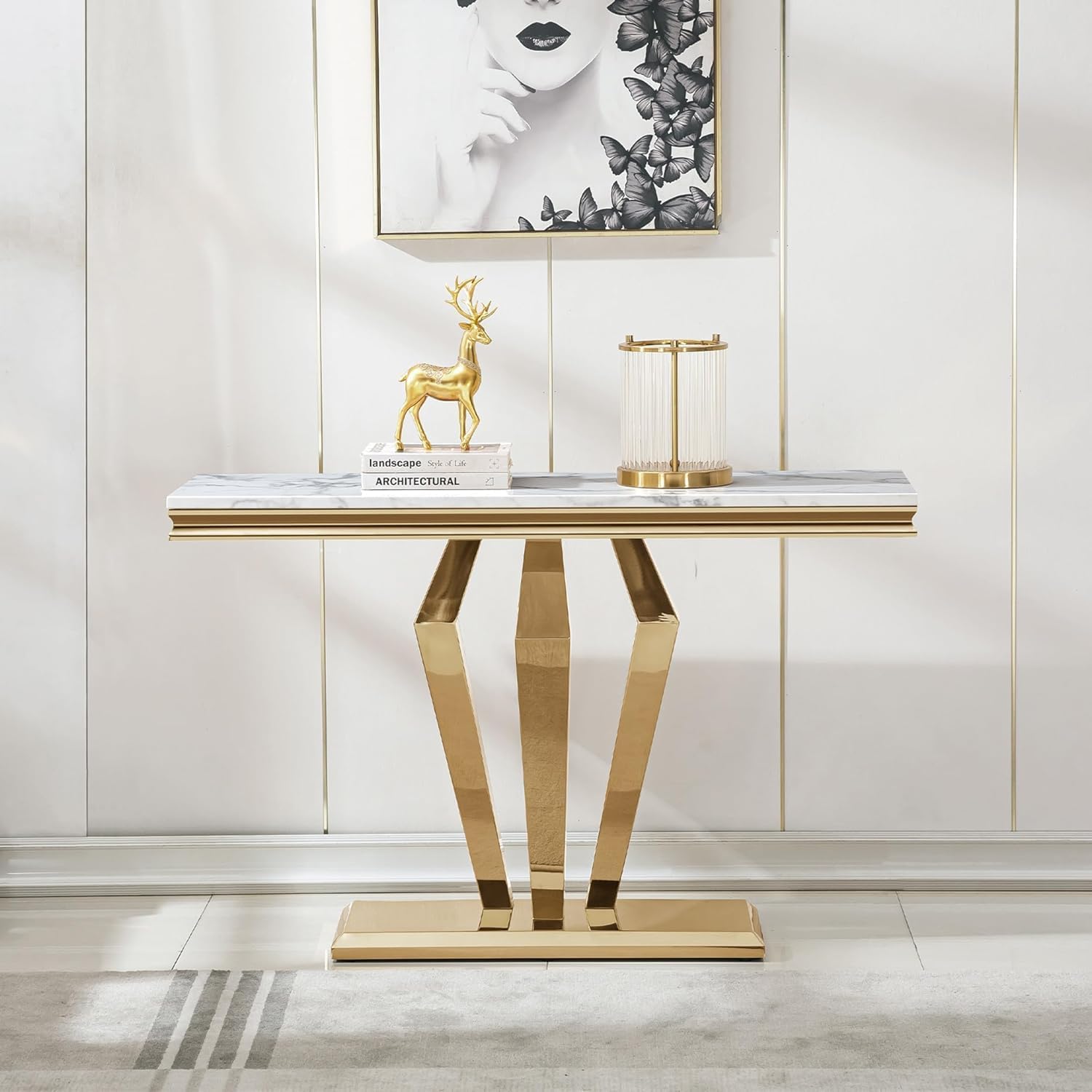 46.85" White Marble Console Table for Living Room Faux Marble Sofa ...