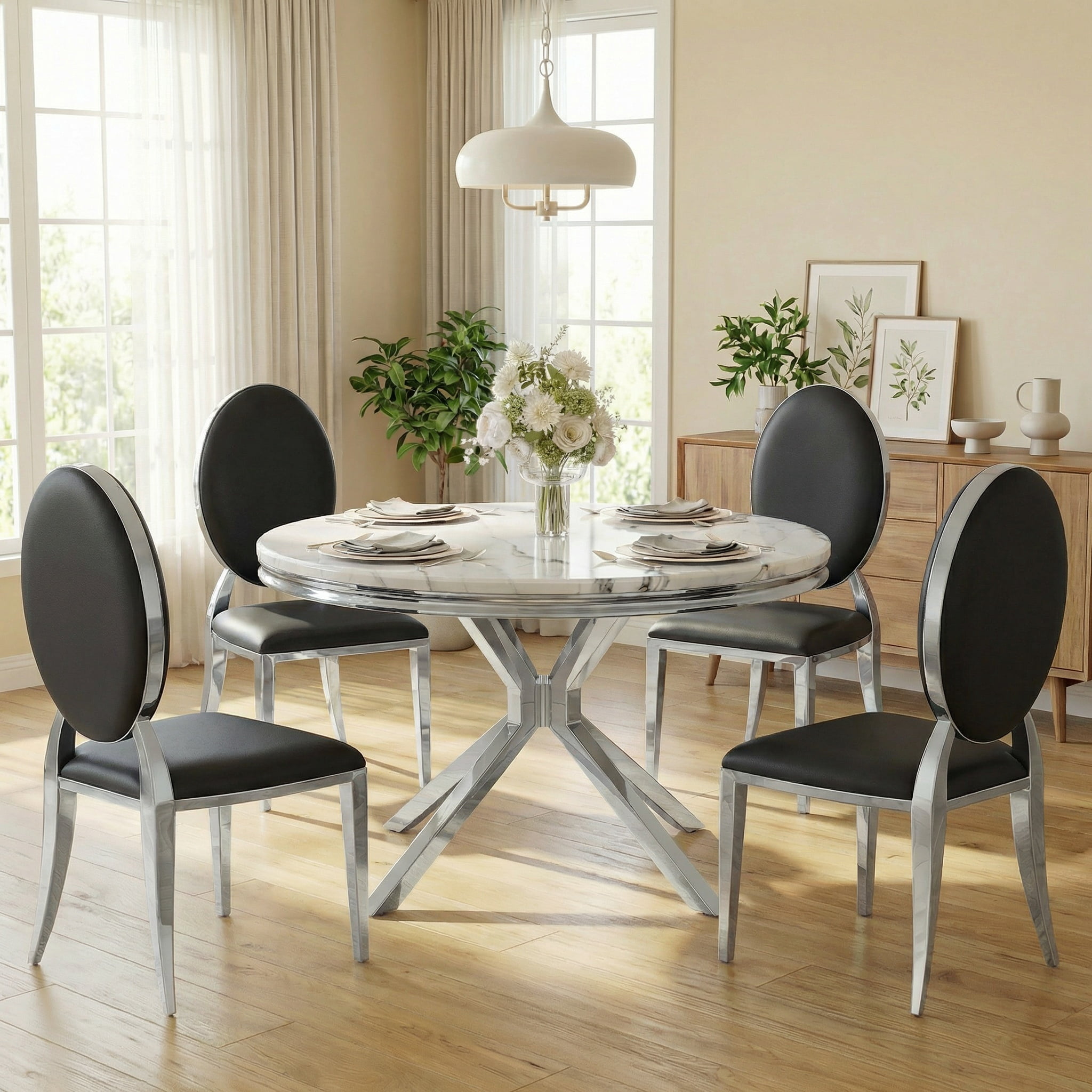 46.85" Round Dining Table Set, Faux Marble Pattern Top, 4 PU Leather ...