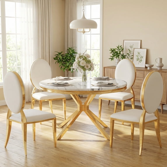 46.85" Round Dining Table Set, Faux Marble Pattern Top, 4 PU Leather ...