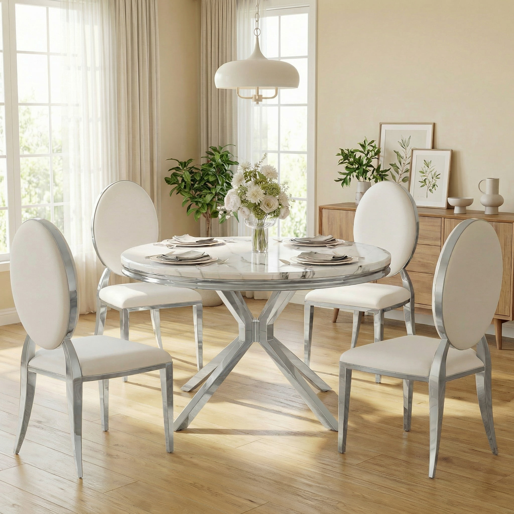 46.85" Round Dining Table Set, Faux Marble Pattern Top, 4 PU Leather ...