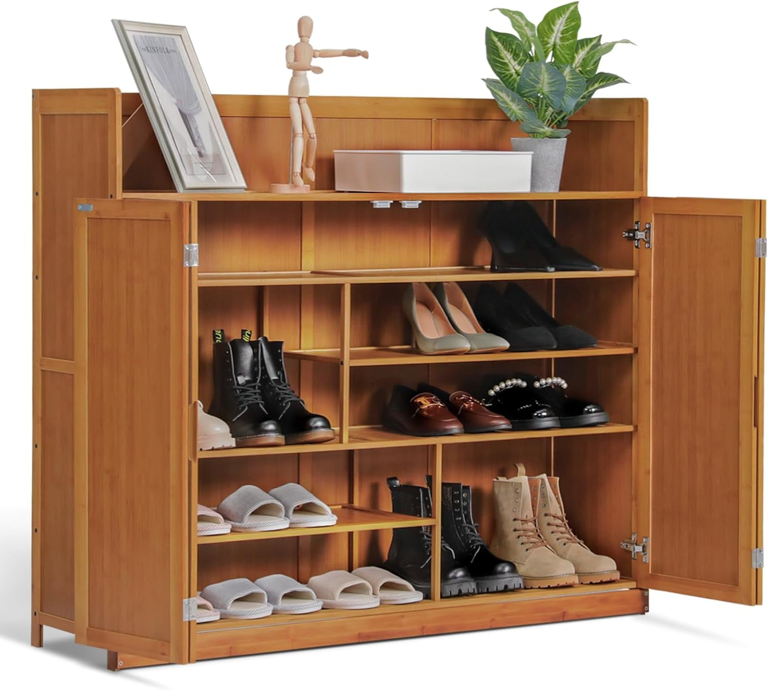 46" Bamboo Shoe Cabinet Organizer Rack with Bifold Opening Doors and ...