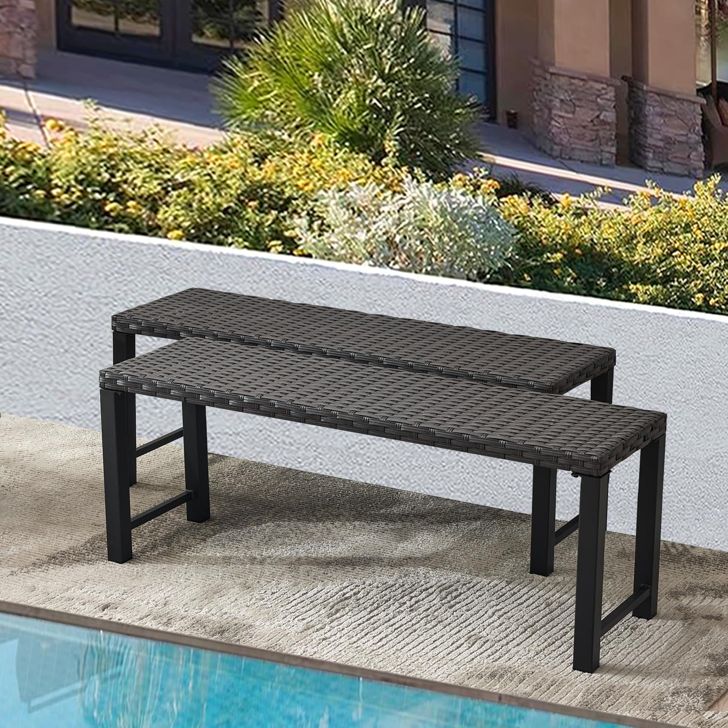 46” Black Rattan Bench with Metal Legs Set of 2, Wicker Frame Patio ...