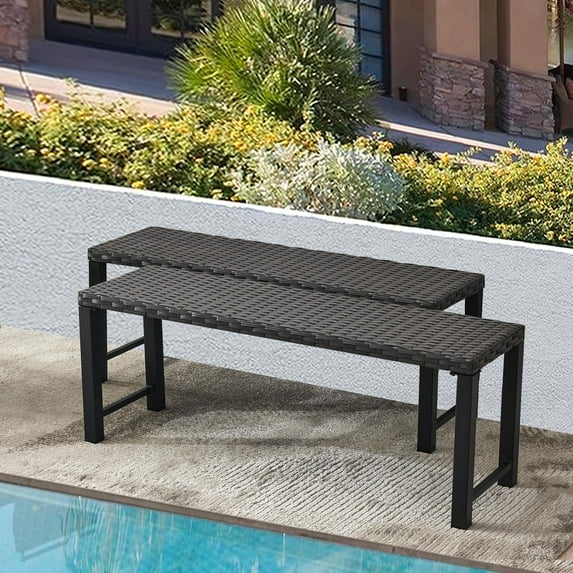 46” Black Rattan Bench with Metal Legs Set of 2, Wicker Frame Patio ...