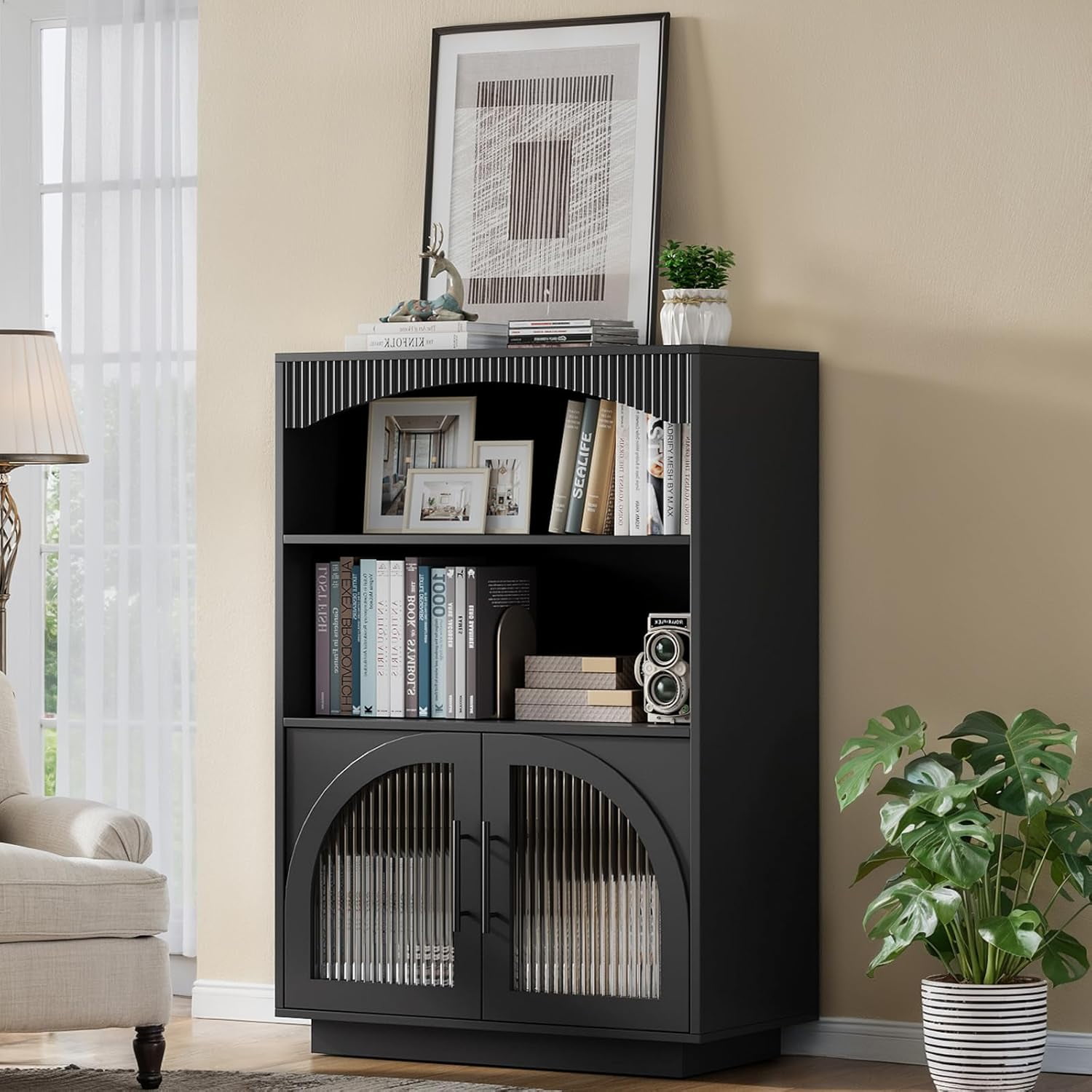 46" Bookshelf with Doors, Black Bookcase with Glass Door, 3 Tier Small ...