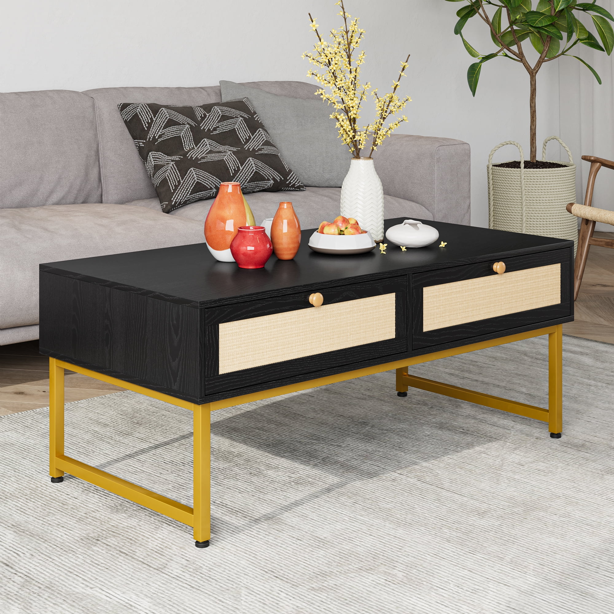 46" Coffee Table with 2 Natural Rattan Drawers,Mid Century Rattan ...