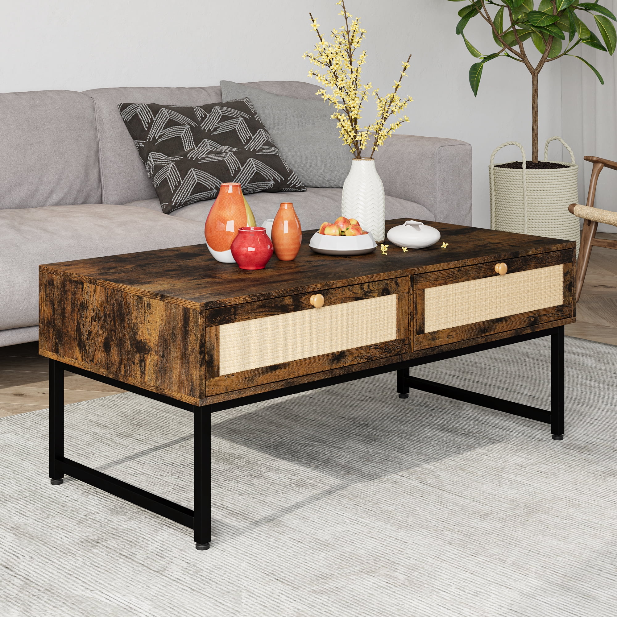 46" Coffee Table with 2 Natural Rattan Drawers,Mid Century Rattan ...