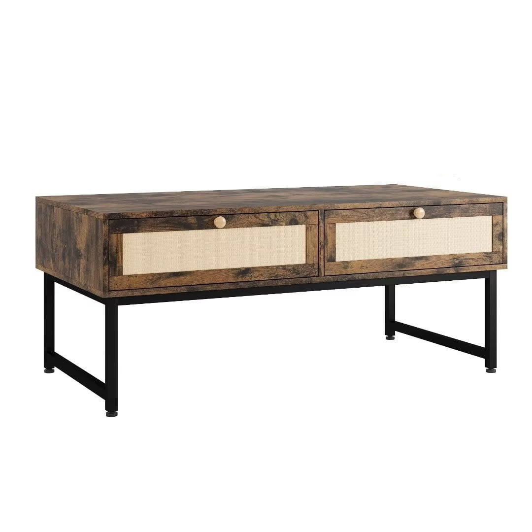 46" Coffee Table with 2 Natural Rattan Drawers Farmhouse Center Table ...