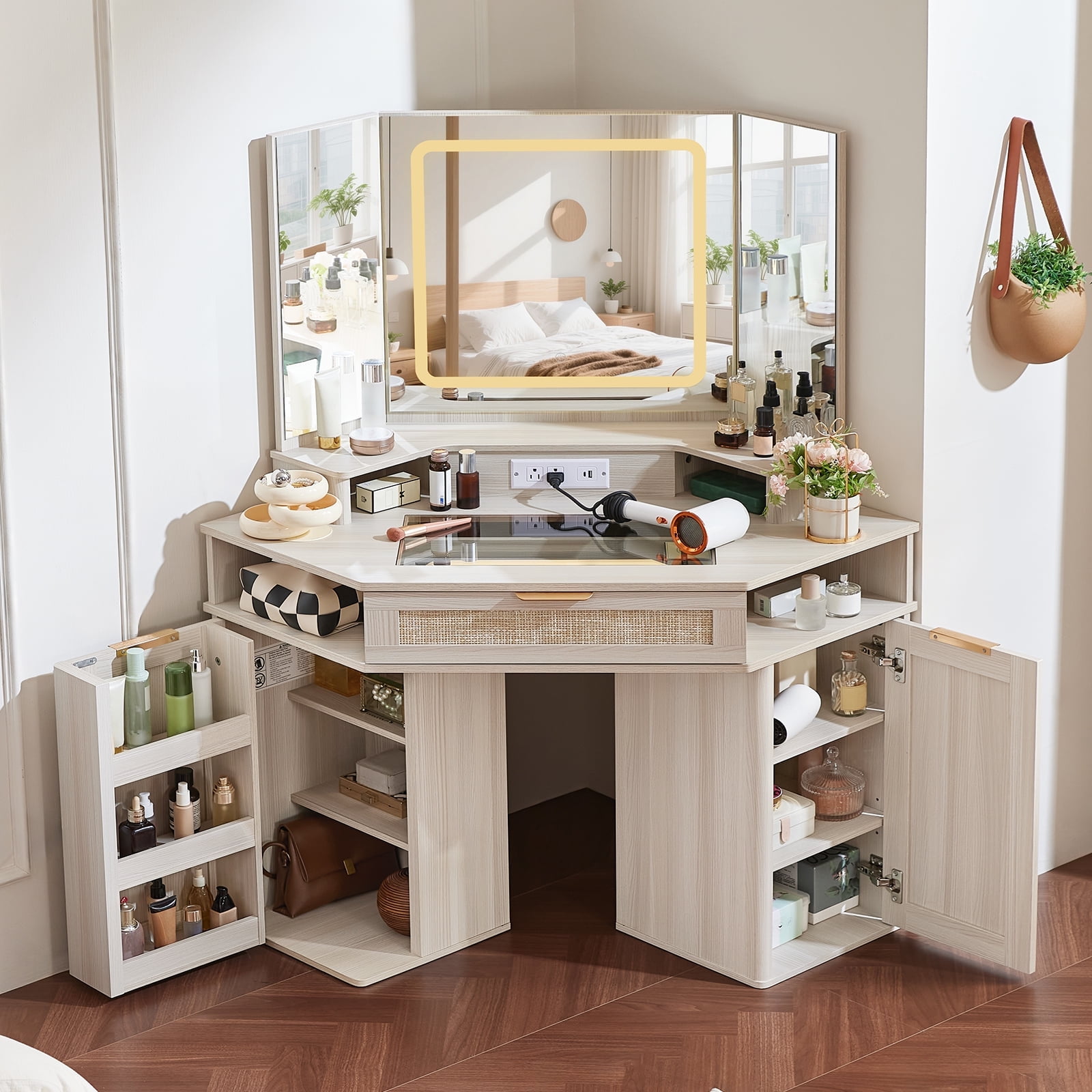 46" Corner Vanity Desk with LED Lighted Mirror & Shelves & Charging ...