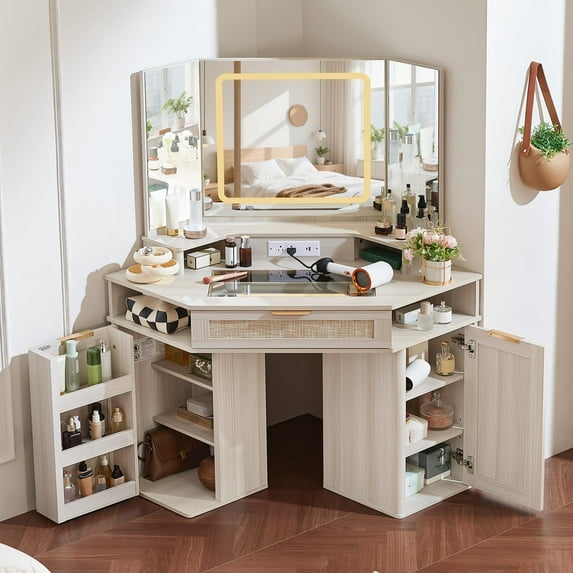 46" Corner Vanity Desk with LED Lighted Mirror & Shelves & Charging ...