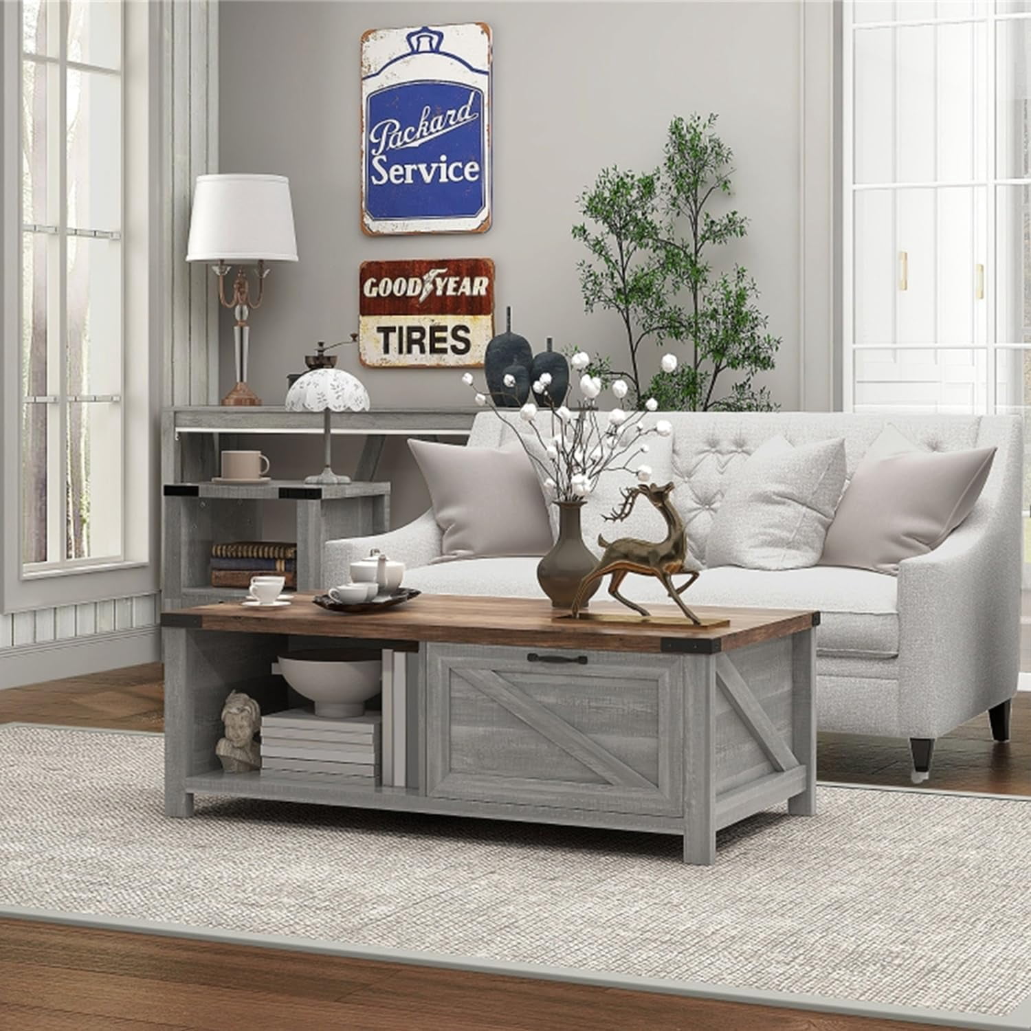 46" Farmhouse Lift Top Coffee Table with Sliding Barn Door,Rustic ...