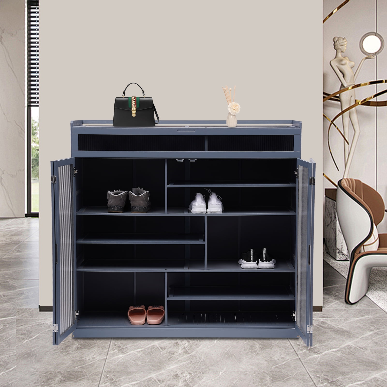 46" Fluted Glass Shoe Cabinet - 4 Doors & 7 Shelves with Boot ...
