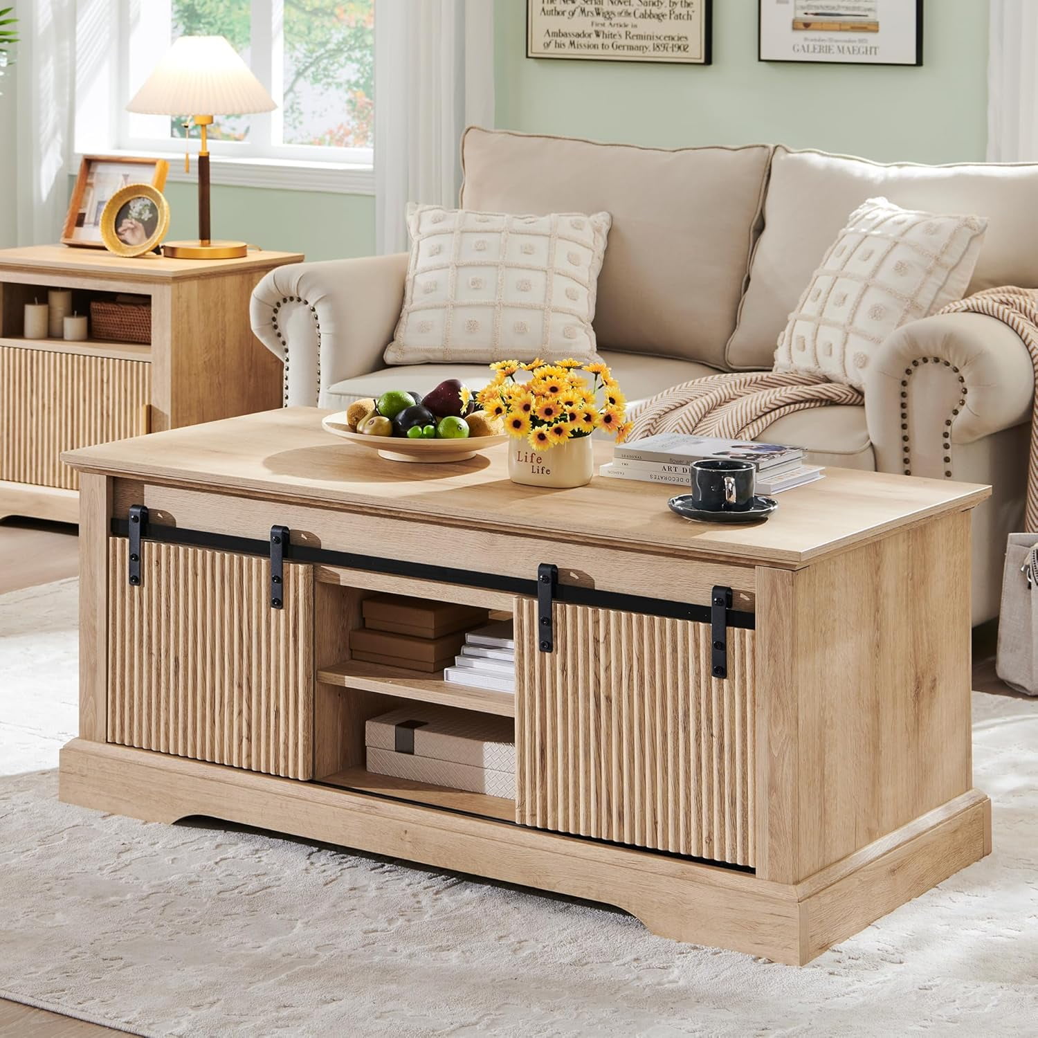 46" Fluted Lift Top Coffee Table with Hidden Storage, Modern Rectangle ...