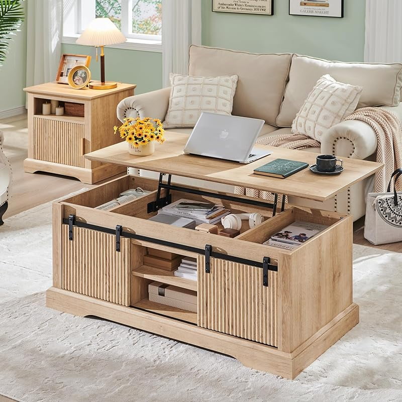 46" Fluted Lift Top Coffee Table with Sliding Door, Modern Center Table ...