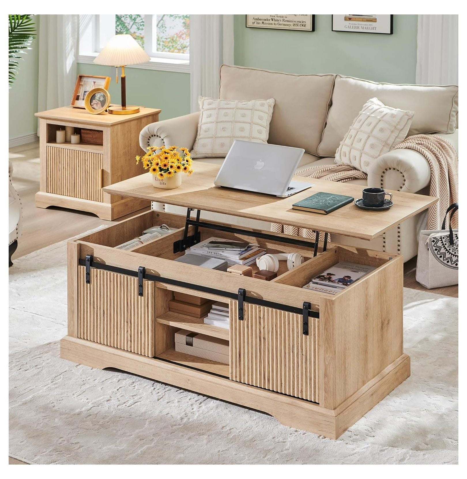 46" Fluted Lift Top Coffee Table with Sliding Door, Modern Center Table ...