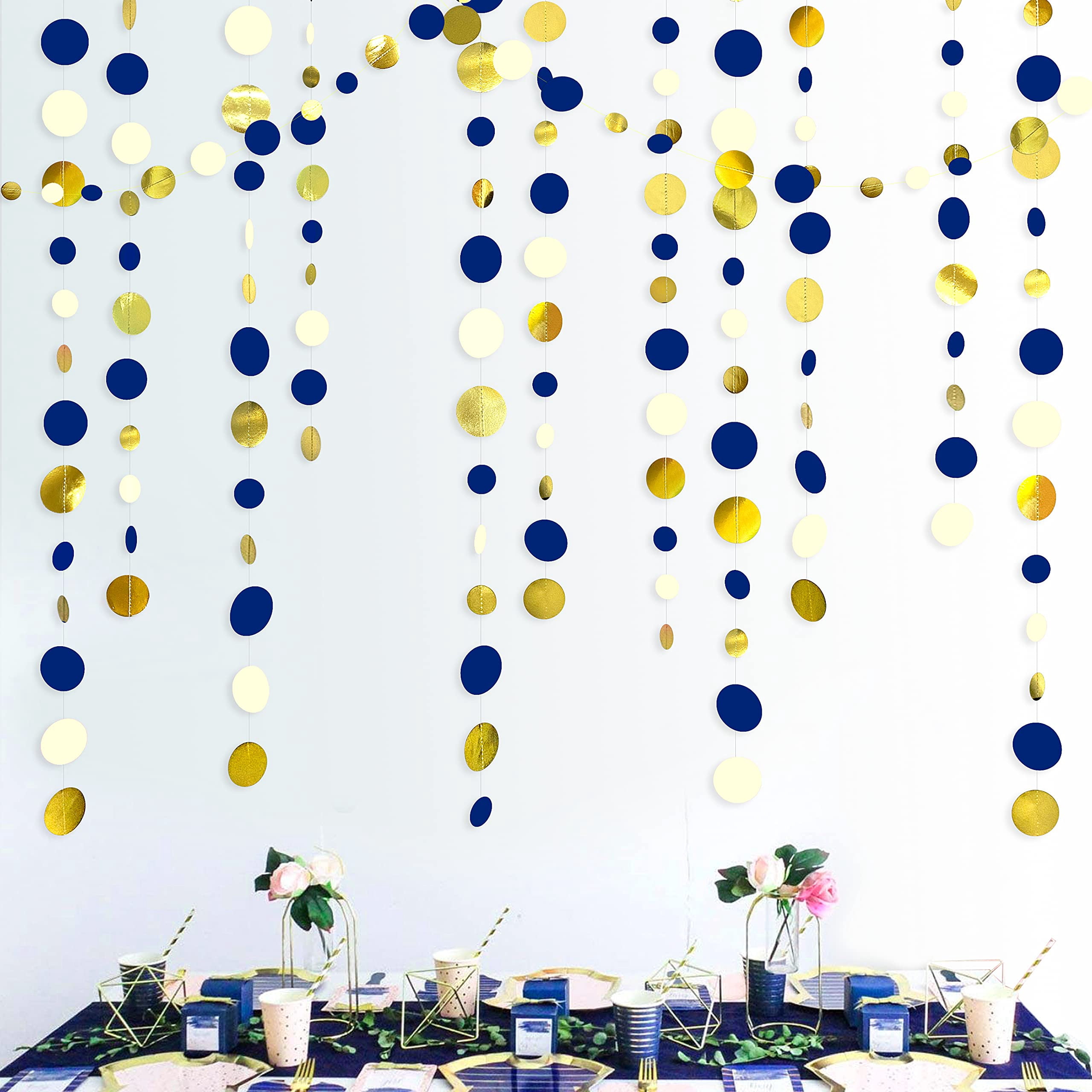 46 Ft Navy Blue and Gold AIS1 Circle Dots Blue Hanging Paper Polka Dot ...