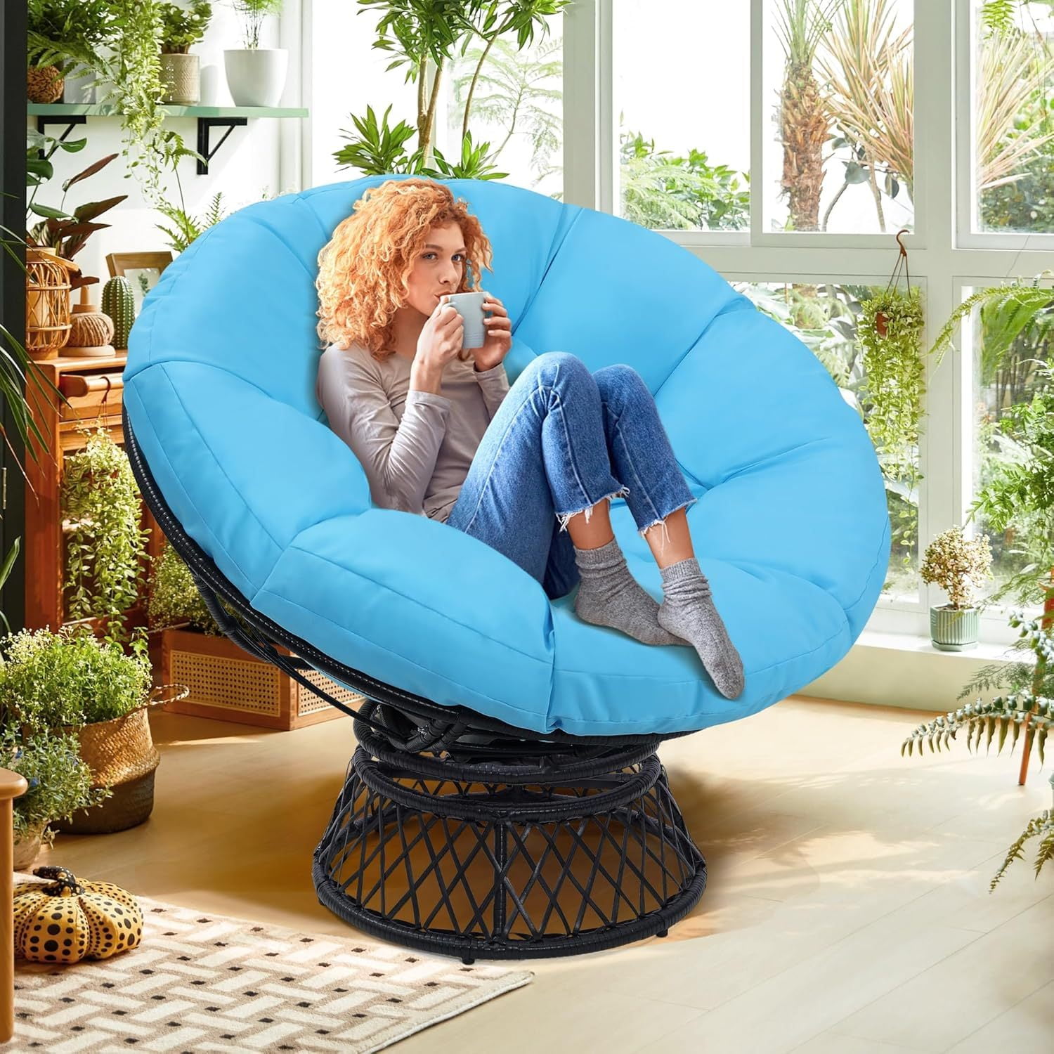 46" Giant Oversized Rattan Papasan Chair with Cushion and Frame for ...