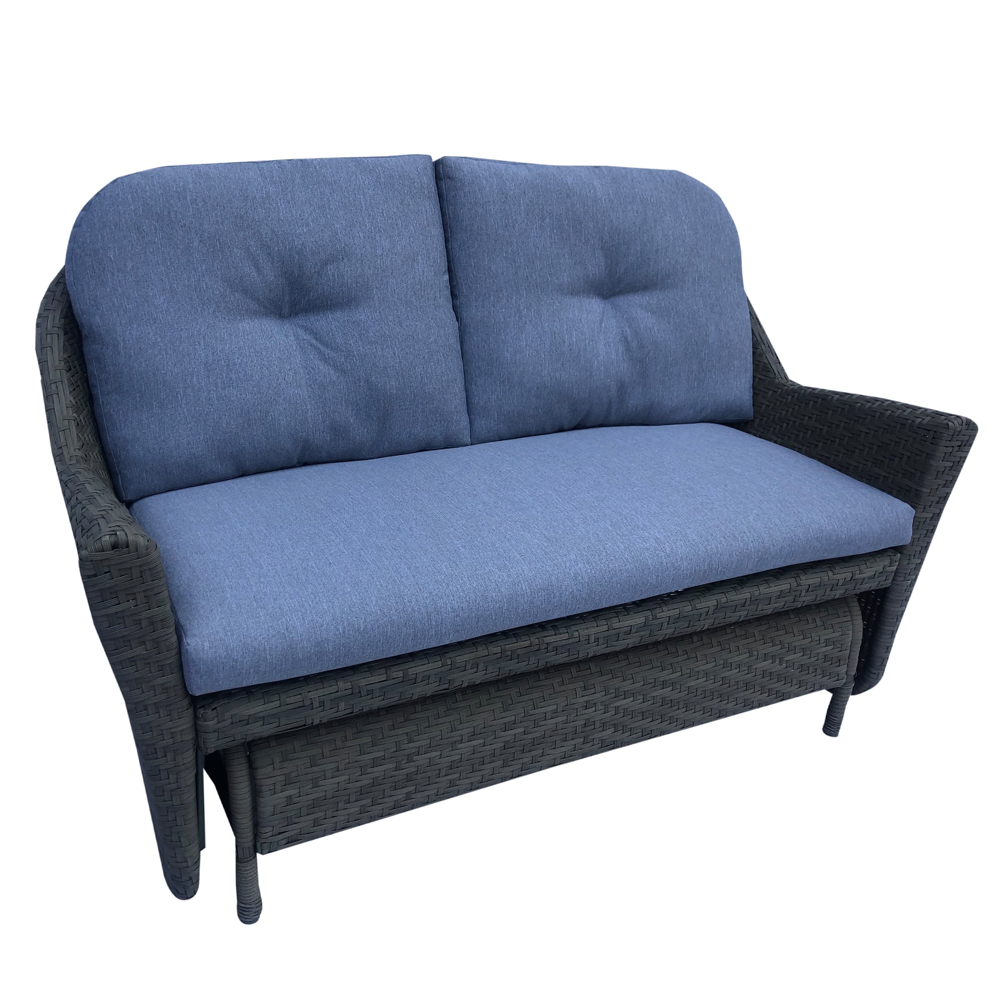 46" Gray Resin Wicker Deep Seated Double Glider with Blue Cushions ...