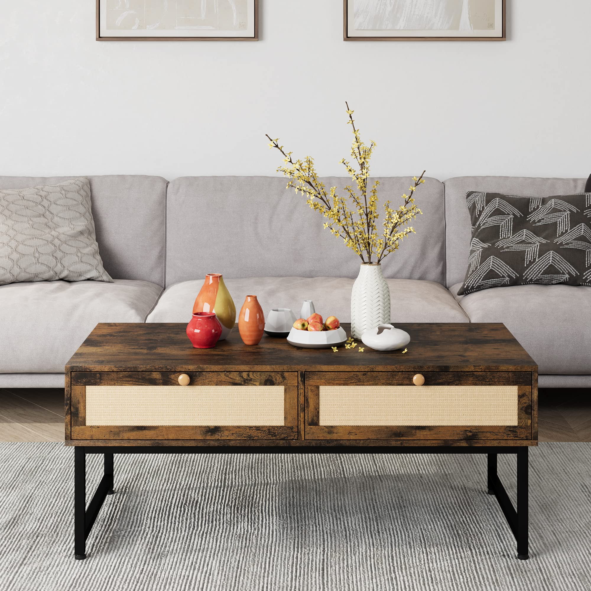 46 Inch Metal Frame Rattan Storage Coffee Table,Vintage Center Table ...