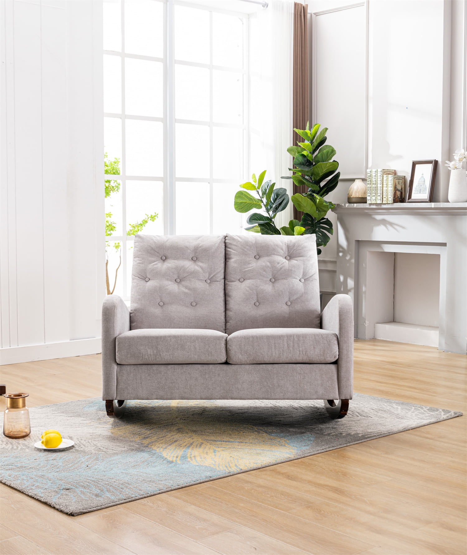 46 Inch Upholstered Rocking Sofa, Modern Button Tufted Rocking Sofa ...
