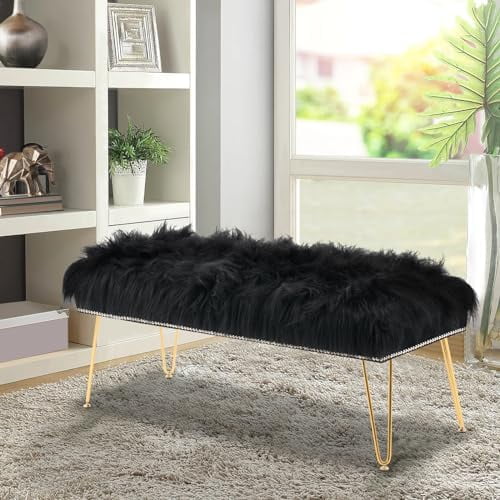 46 Inch White Bedroom Bench, Benches for Bedroom White Faux Fur ...