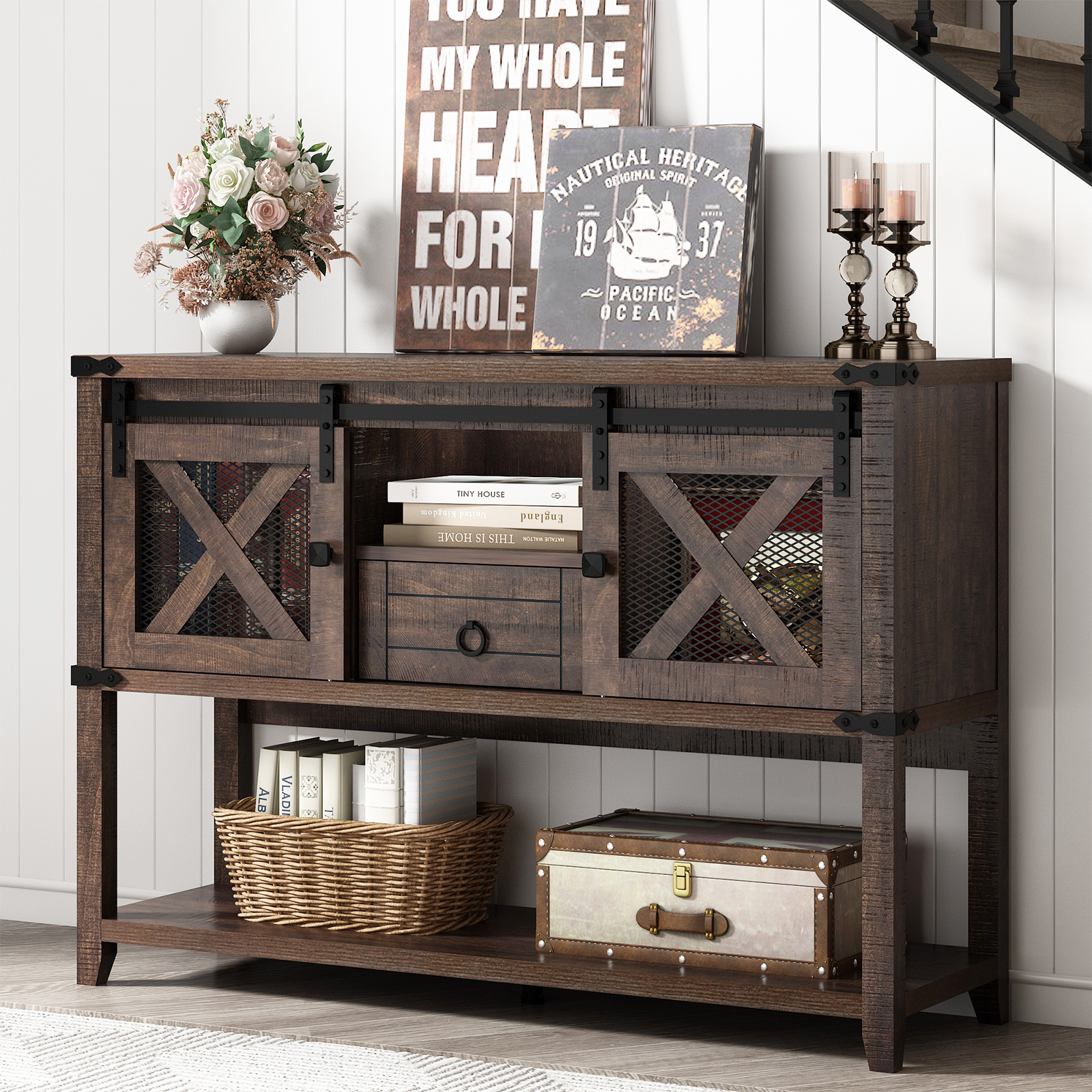 70" Console Table Entryway Sofa Table with Power Outlets,Rustic Brown ...