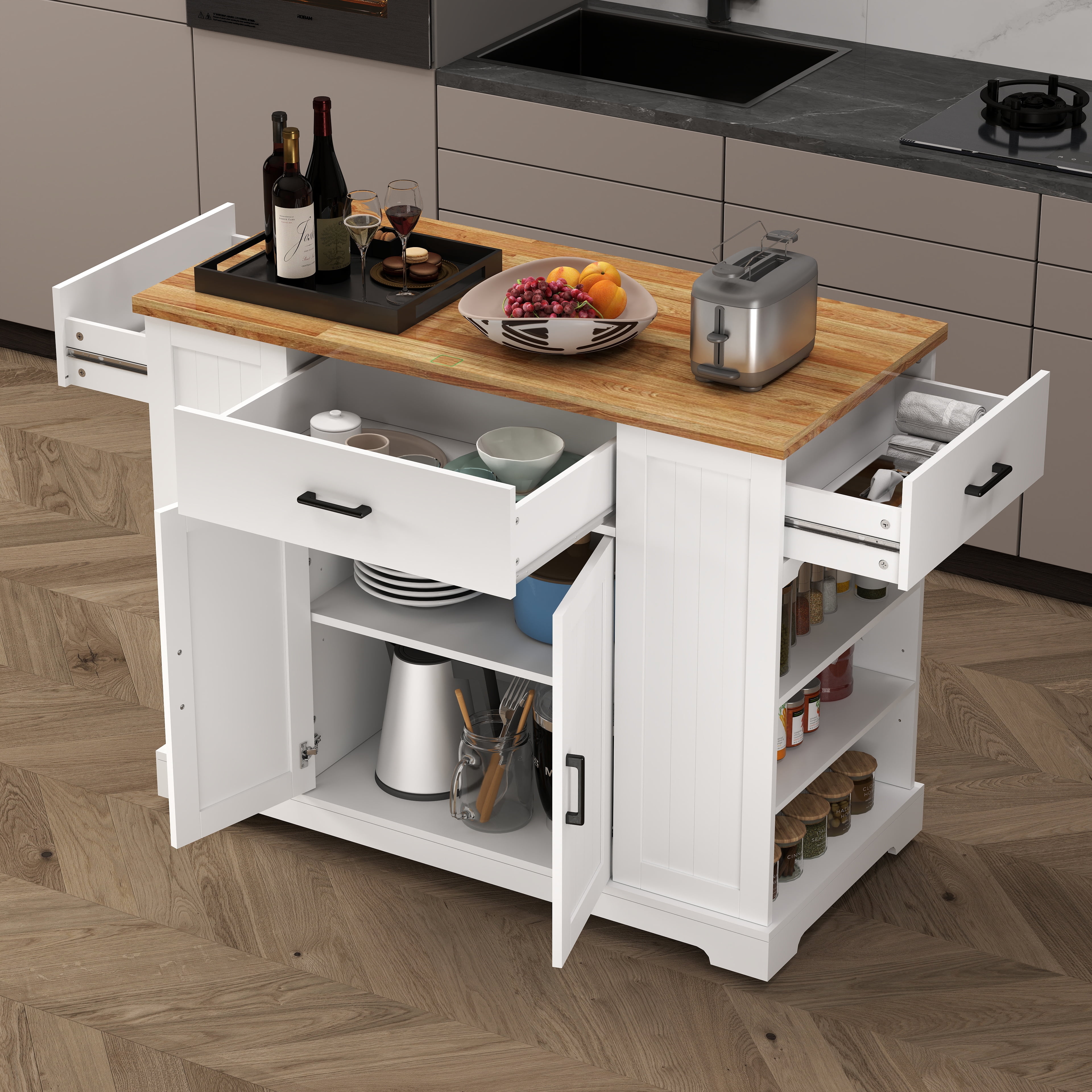 46" Large Kitchen Island on Wheels, Rubberwood Countertop Rolling ...