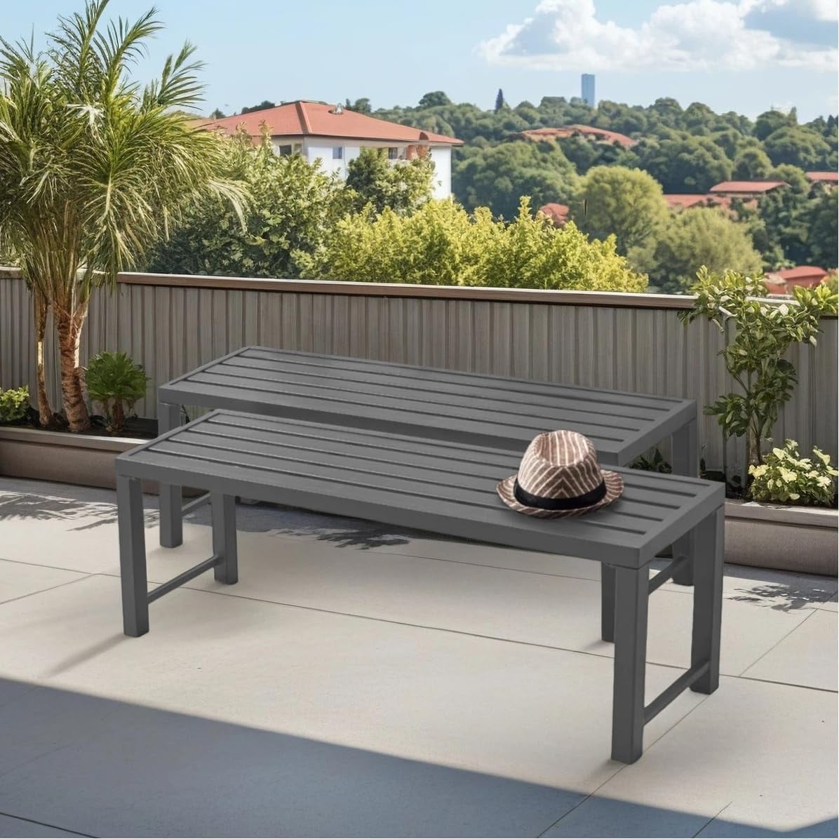 46" Outdoor Metal Backless Bench Set of 2, All-Weather Patio Garden ...