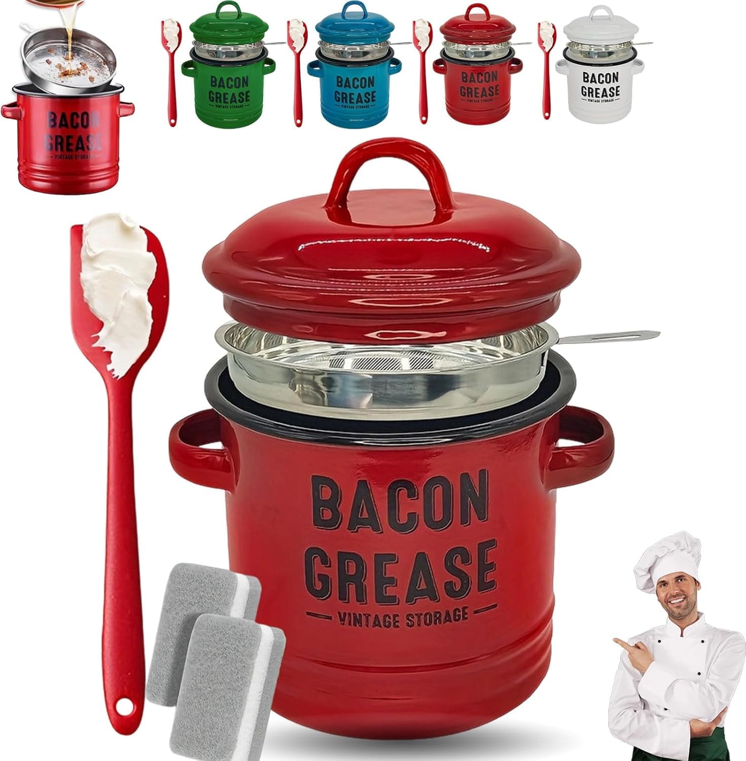 46 Oz Bacon Grease Container with Strainer and Food-Grade Silicone ...