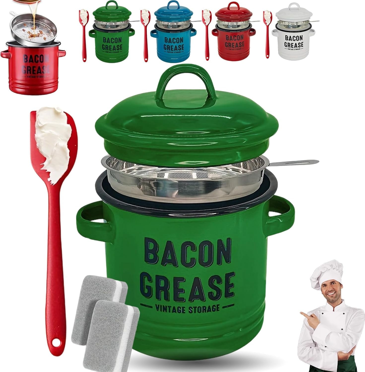 46 Oz Bacon Grease Container with Strainer and Food-Grade Silicone ...