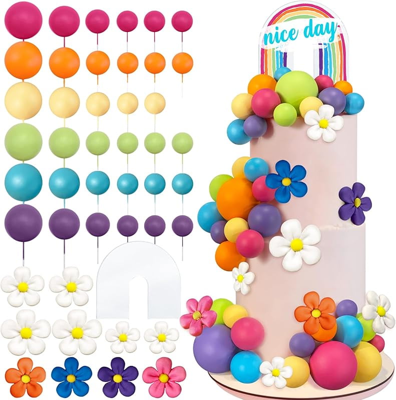 46 PCS Acrylic Rainbow Cake Toppers Colorful Balls Cake Decorations ...