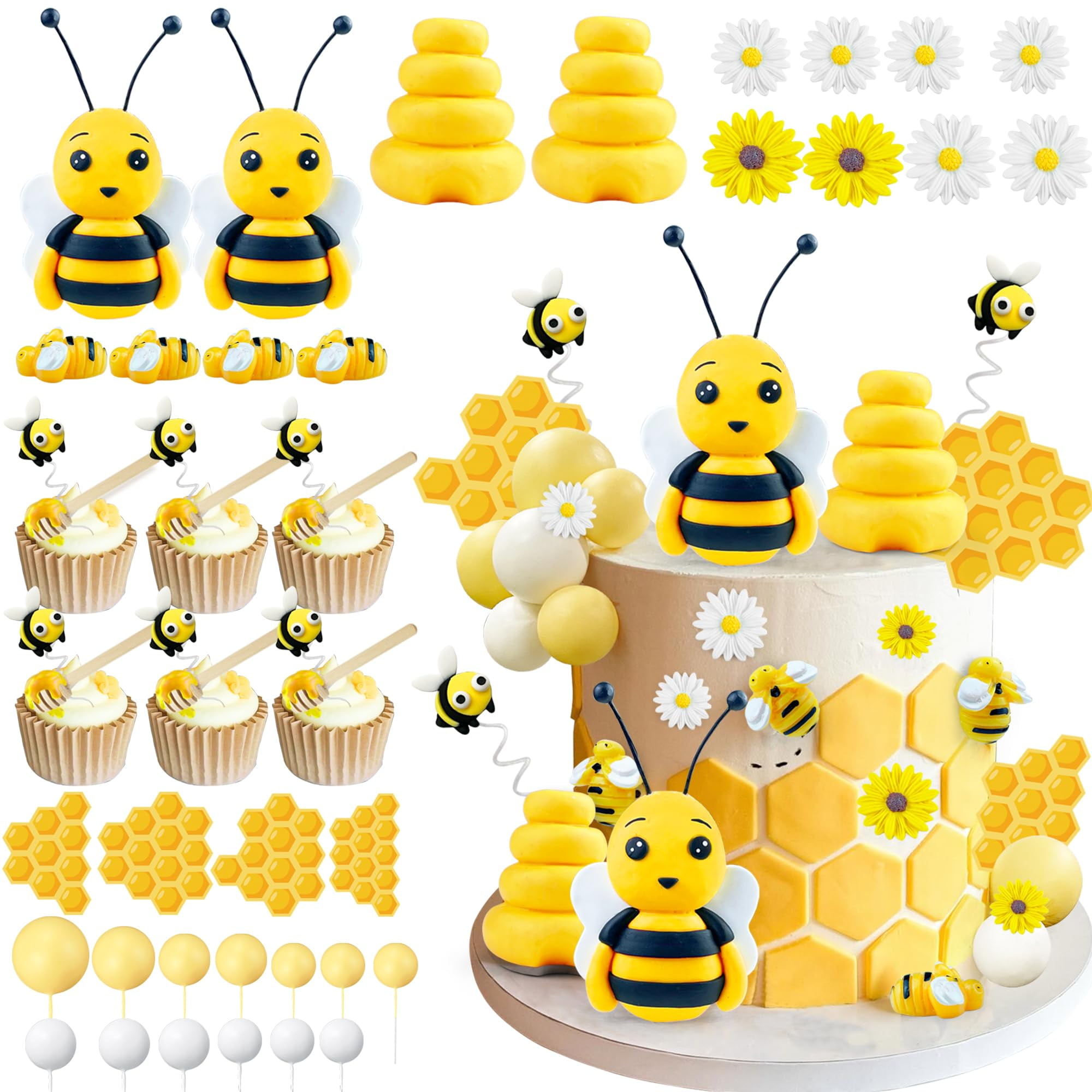 46 PCS Bee Cake BDF32 Toppers Honeycomb Cake Decorations for Baby ...