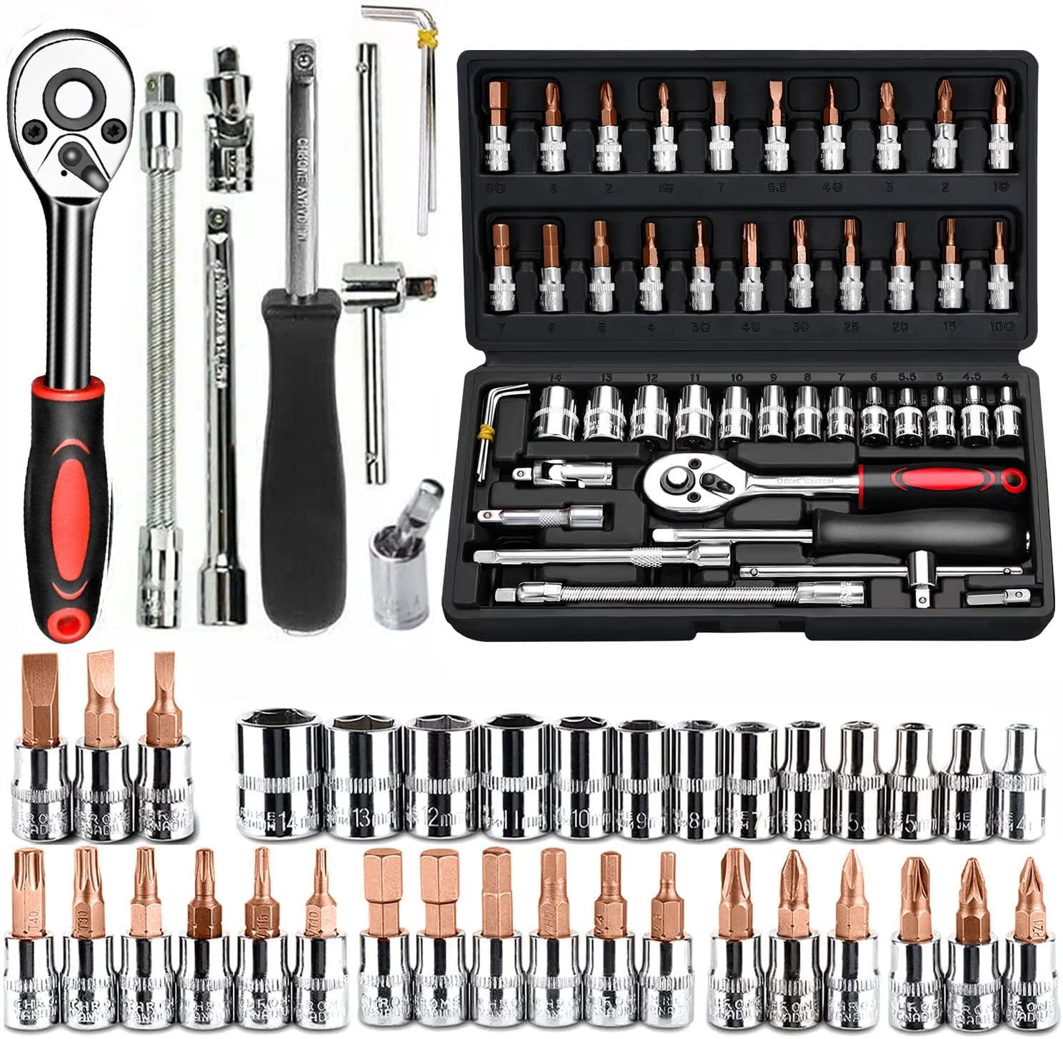 46 PCS Socket Wrench Set, Mechanic Tool Kit Quick-release Ratchet, 1/4 ...
