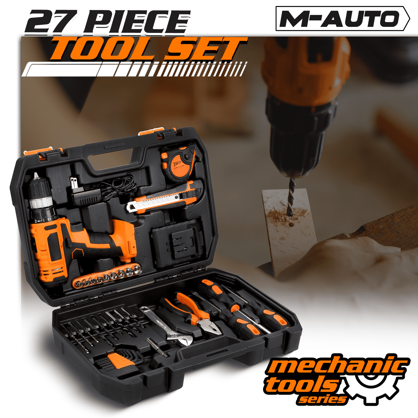 46 Piece Cordless Drill Tool Kit Garage Home Office Repairs Toolbox Set ...