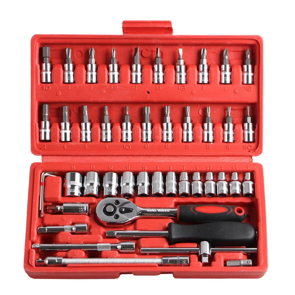 46 Pieces 1/4 Inch Ratchet Socket Wrench Set Auto Repair Tool Set Socket Spanner Red Box ...