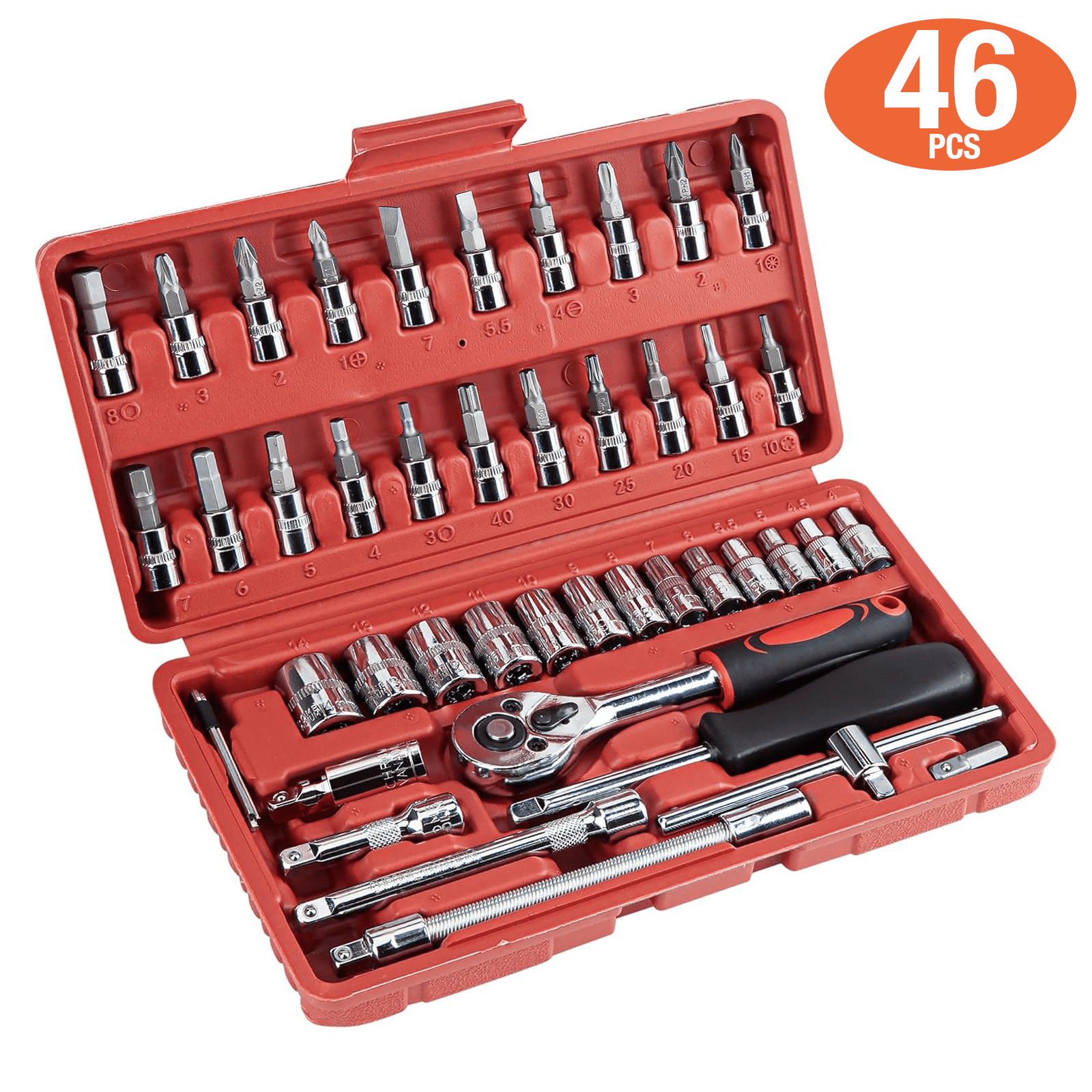 46 Pieces 1/4 Inch Drive Socket Ratchet Wrench Set with Quick-Release Ratchet, Includes Metric ...