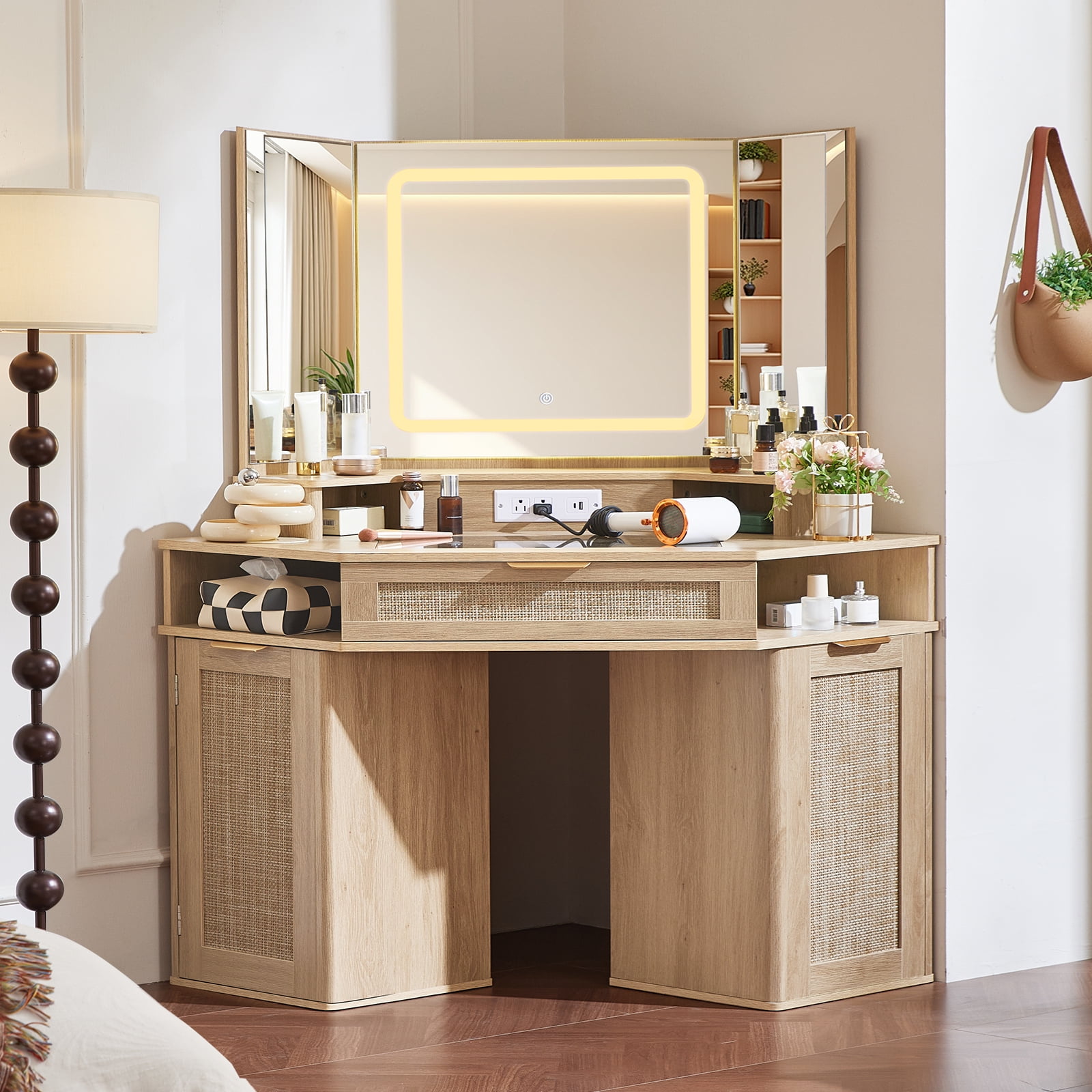 46" Rattan Makeup Vanity Desk with Lighted Mirror and Drawers, Modern ...