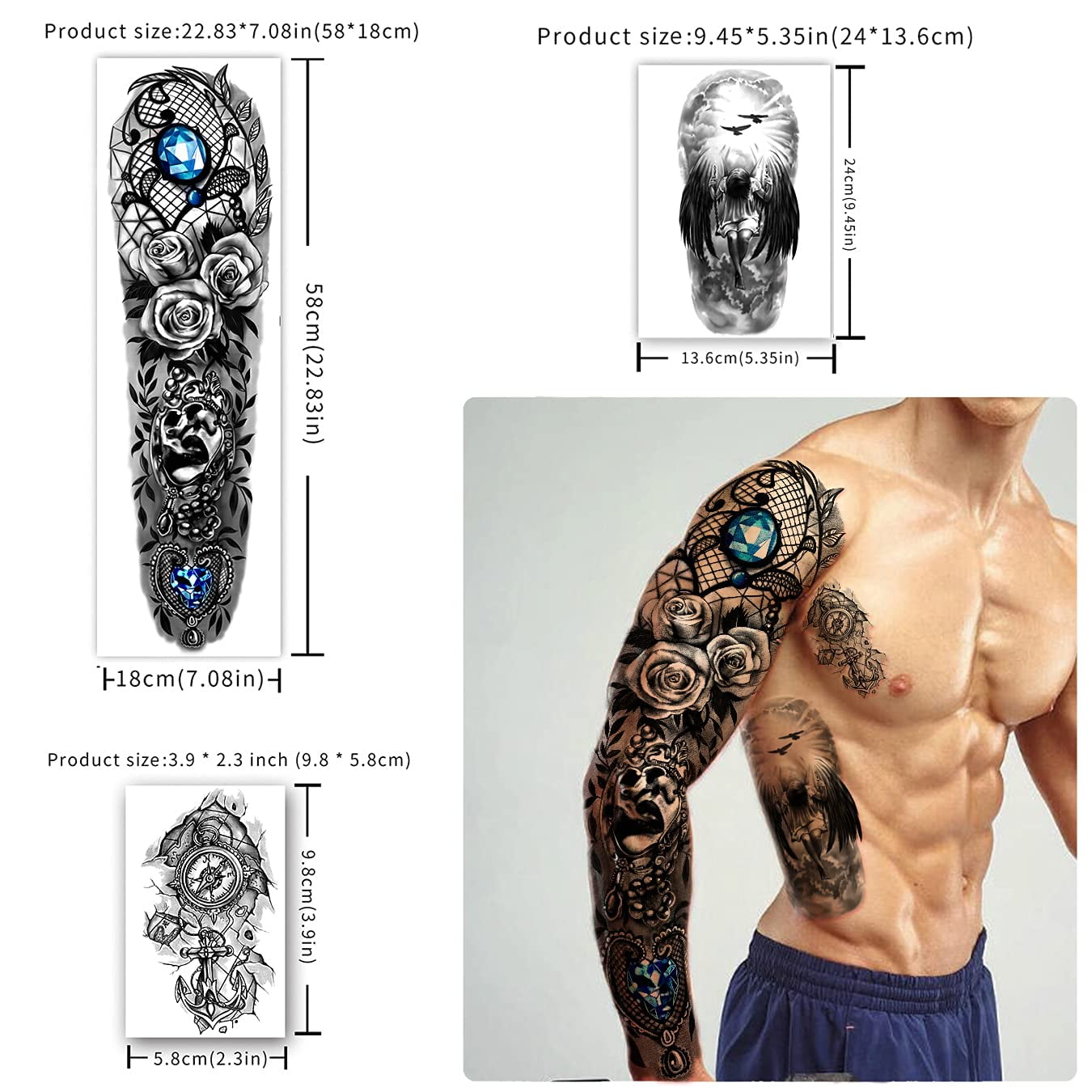 46 Sheets Full Arm Temporary Tattoo Waterproof For Men L22 8“xw7