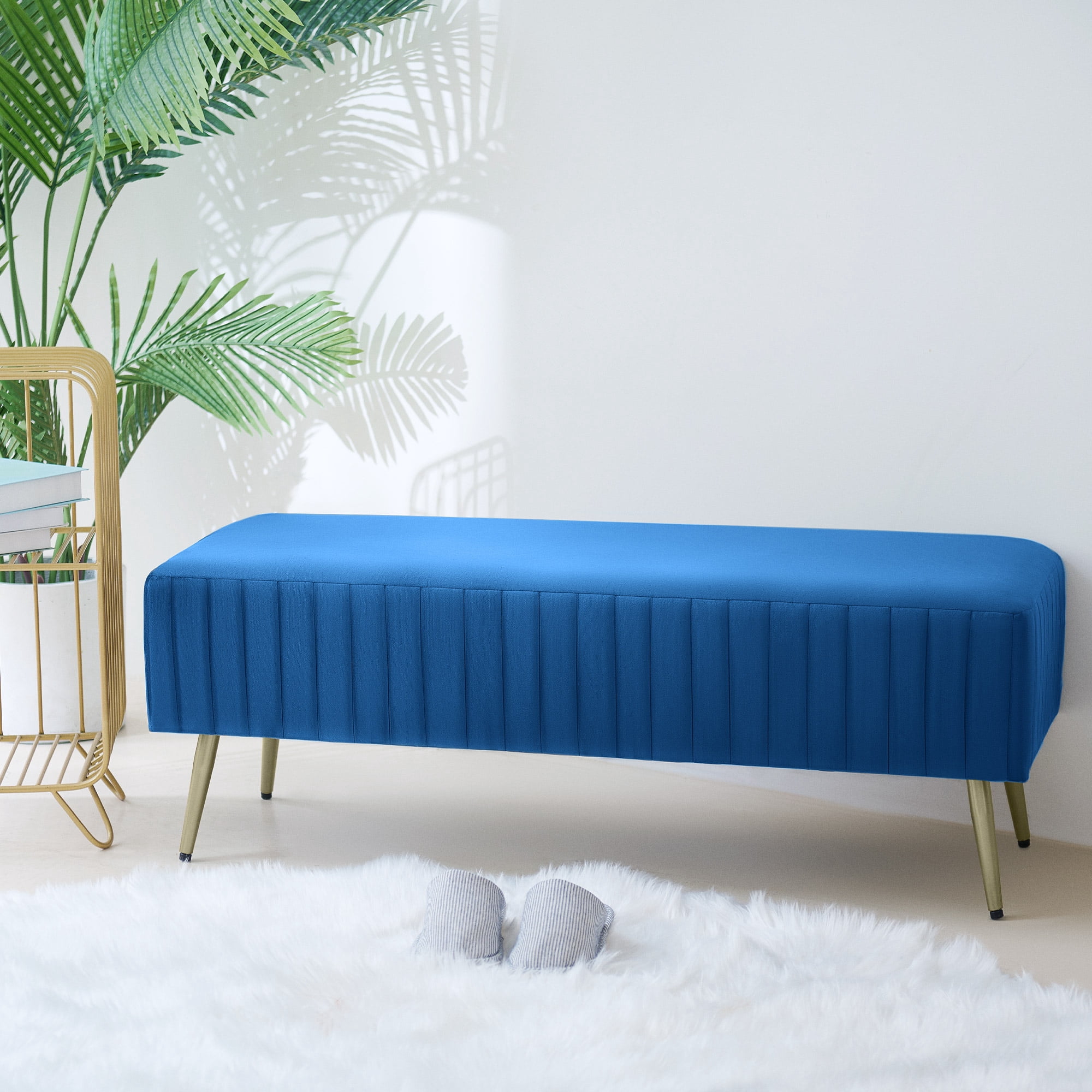 46" Upholstered Velvet Bench, Extra-Long Ottoman Footrest Stool with ...