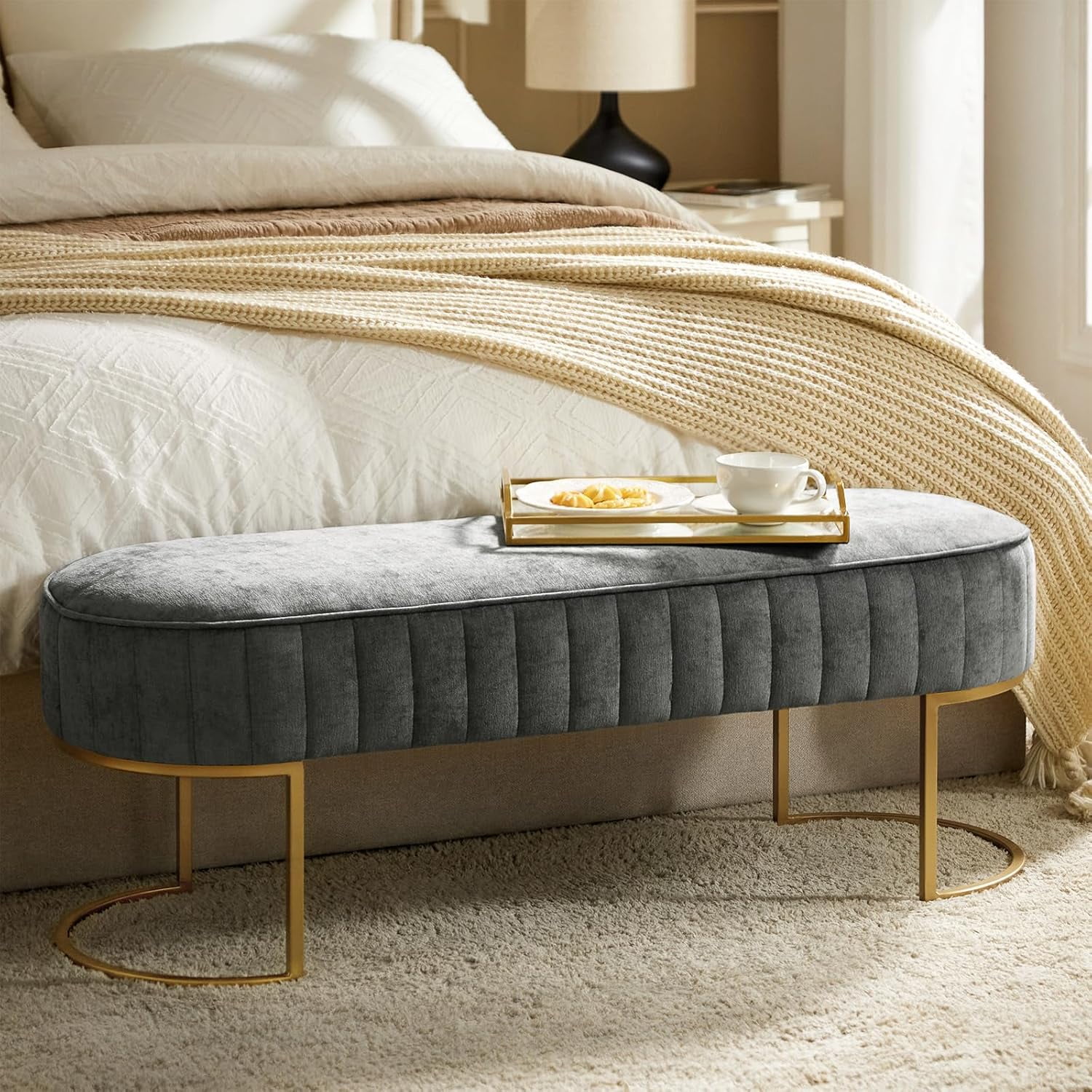 46" Velvet , Upholstered Entryway End of Bed with Gold Legs, Bed ...