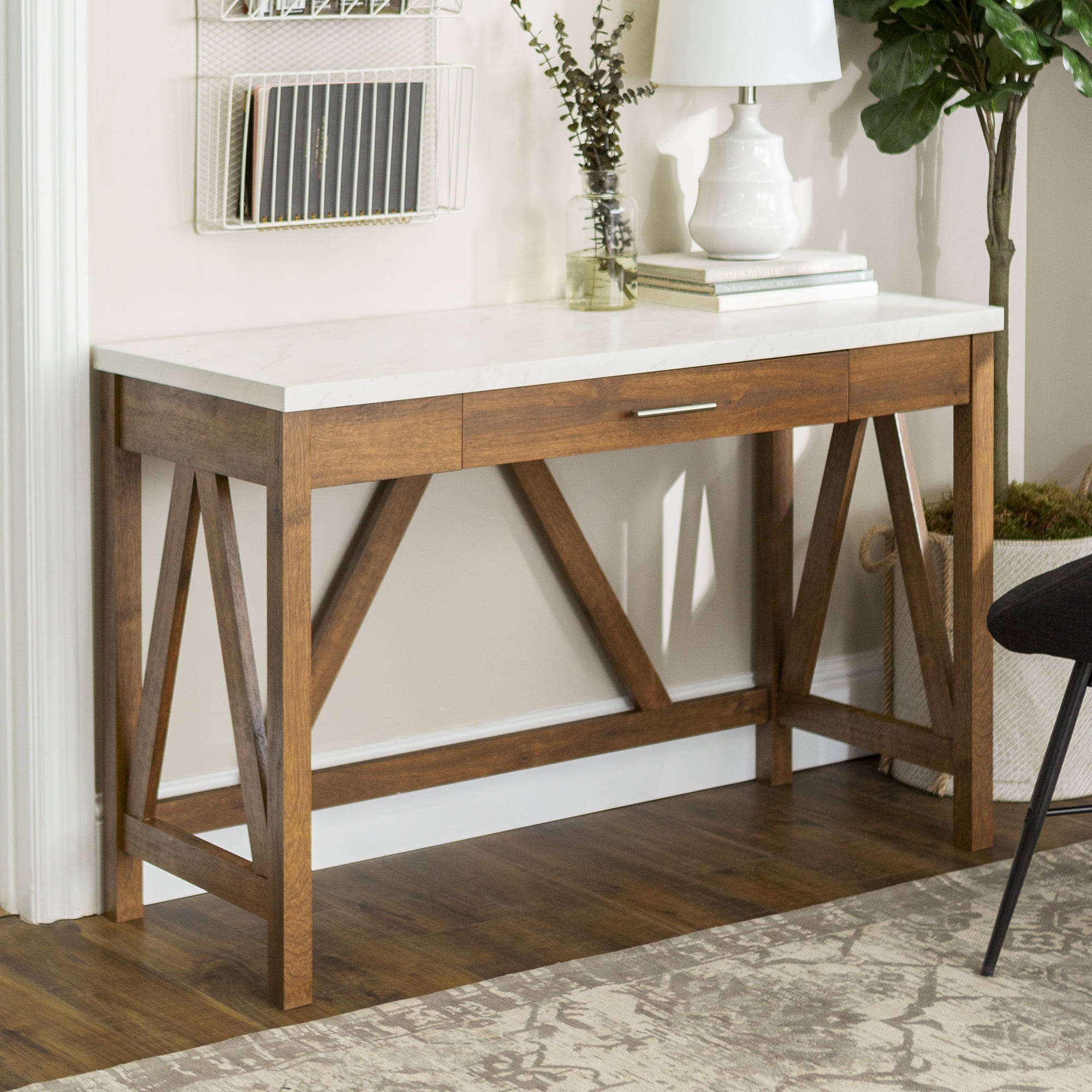 46" Wood A-Frame Desk with Natural Walnut Base and White Faux-Marble ...