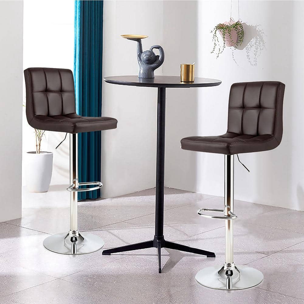 46 in. Brown Low Back Metal Adjustable Height Bar Stool with Leather ...