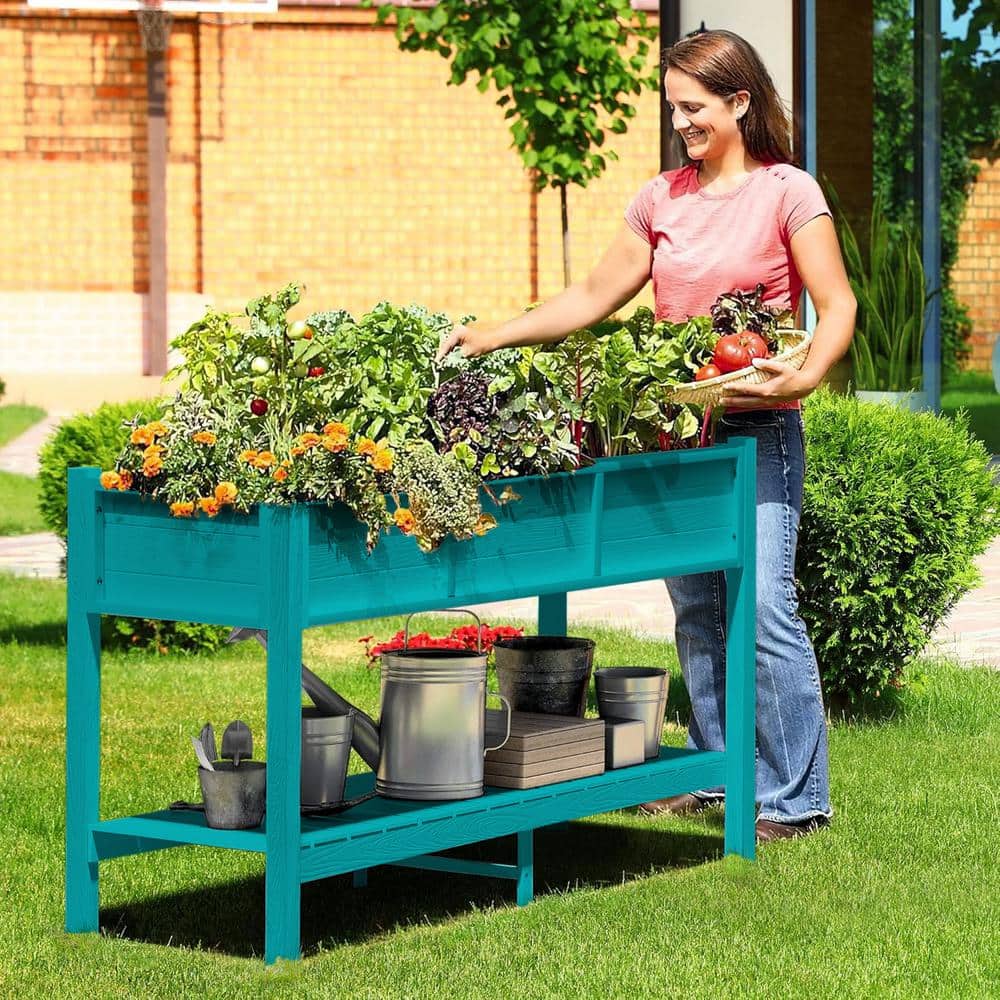 46 in. x 17 in. x 28 in. Outdoor Cyan Plastic Wood Raised Garden Bed ...
