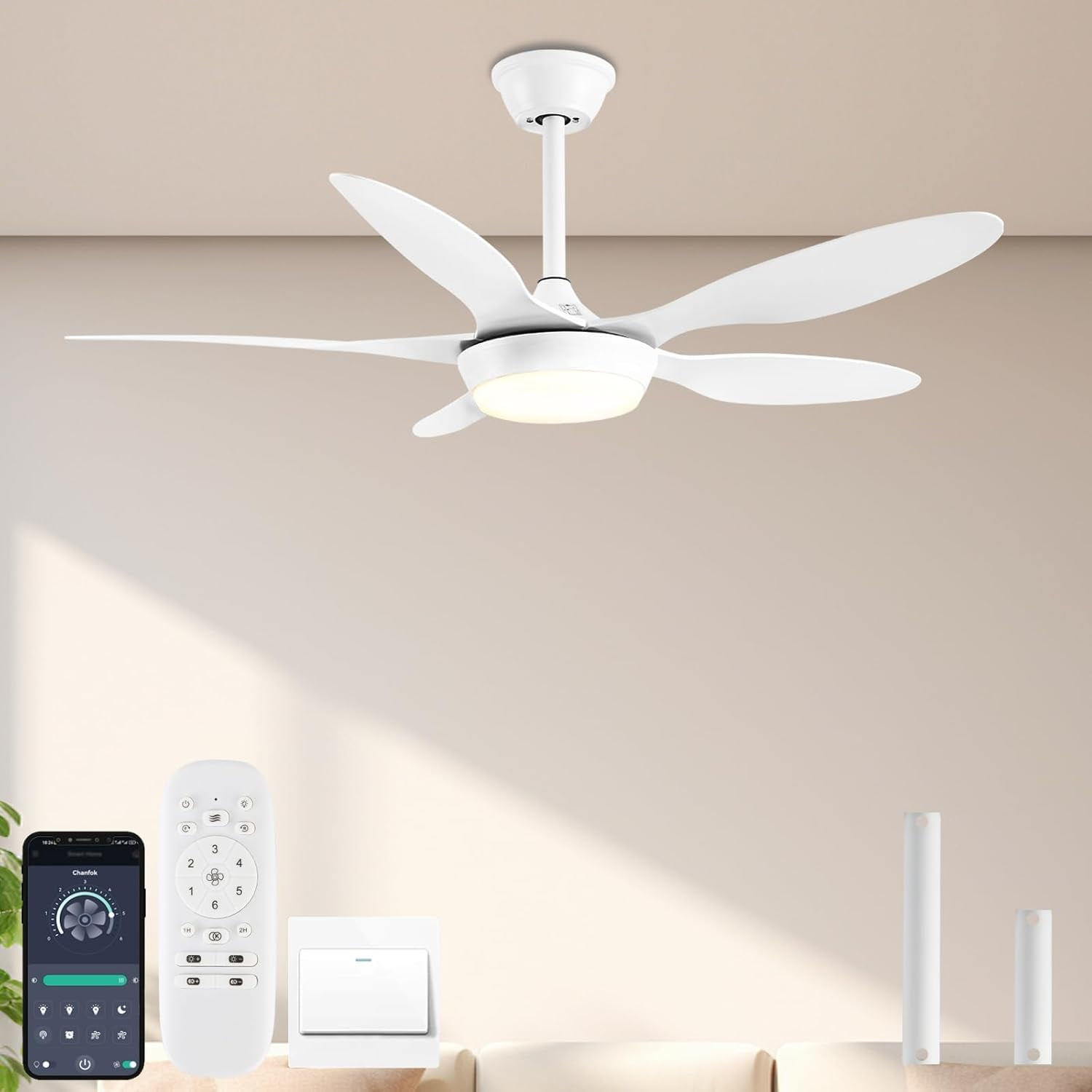 46 inch Modern Ceiling Fans with Lights Remote/APP Control,White Low ...